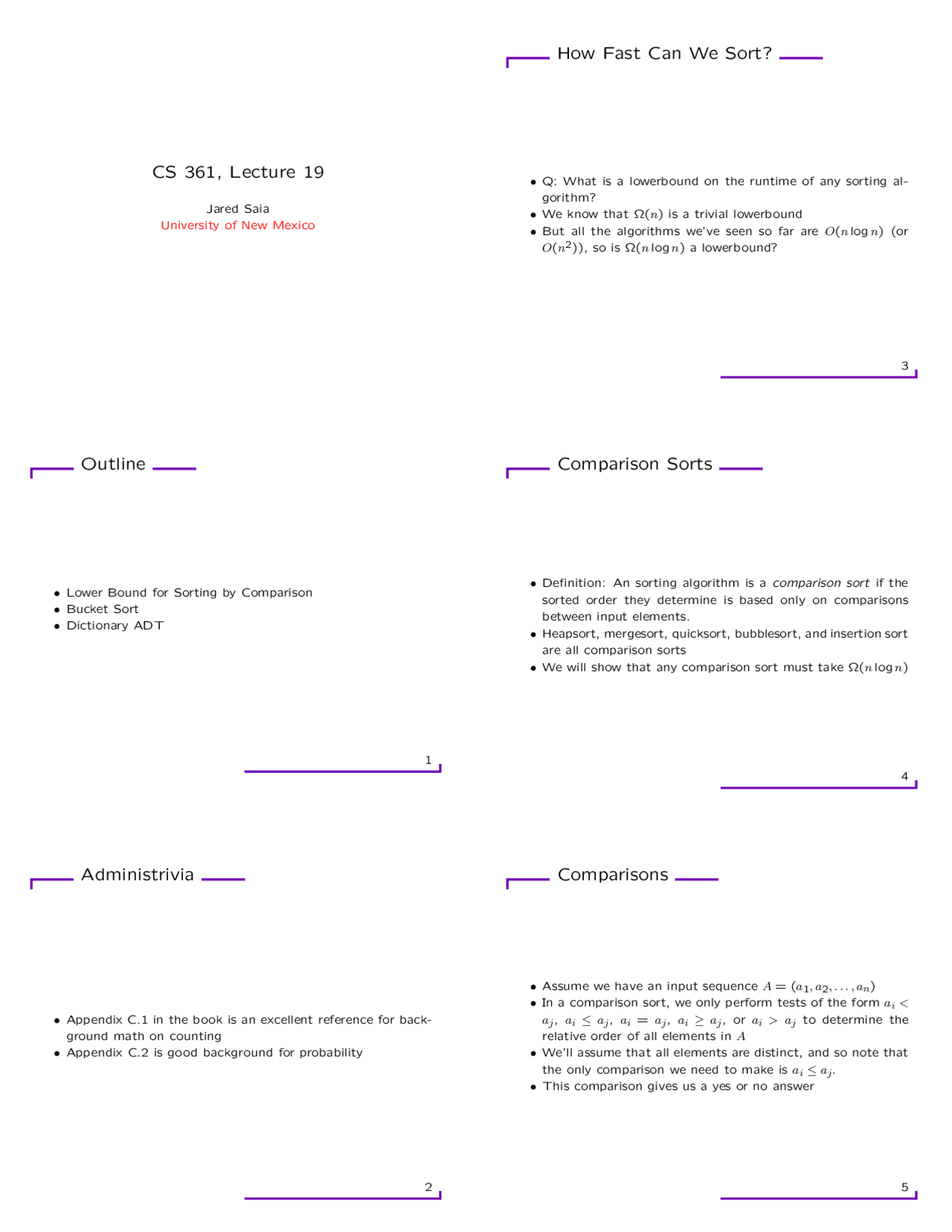 How Fast Can We Sort - Lecture Slides | CS 361L - Docsity