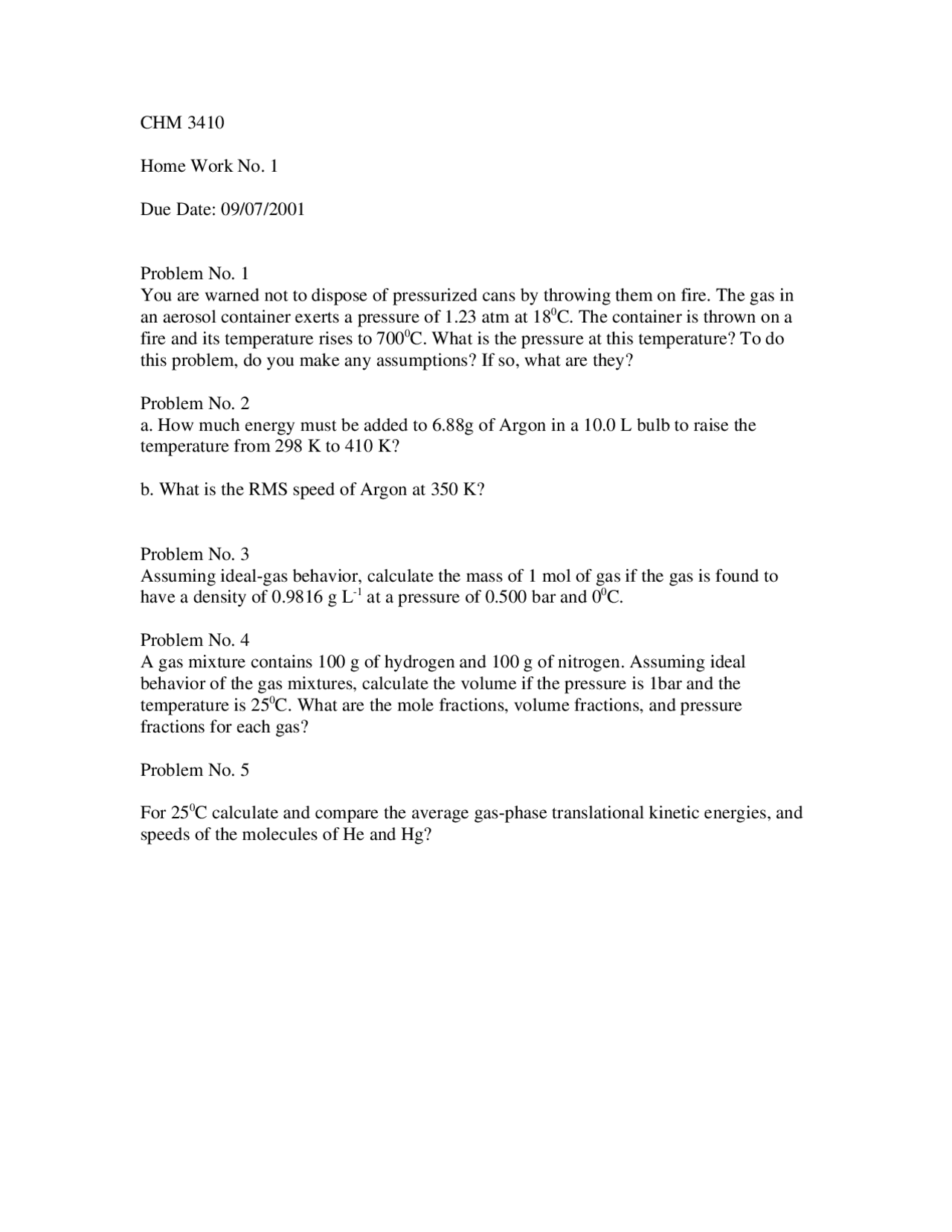 Problem 5 Homework 1 Physical Chemistry I Chm 3410 Docsity