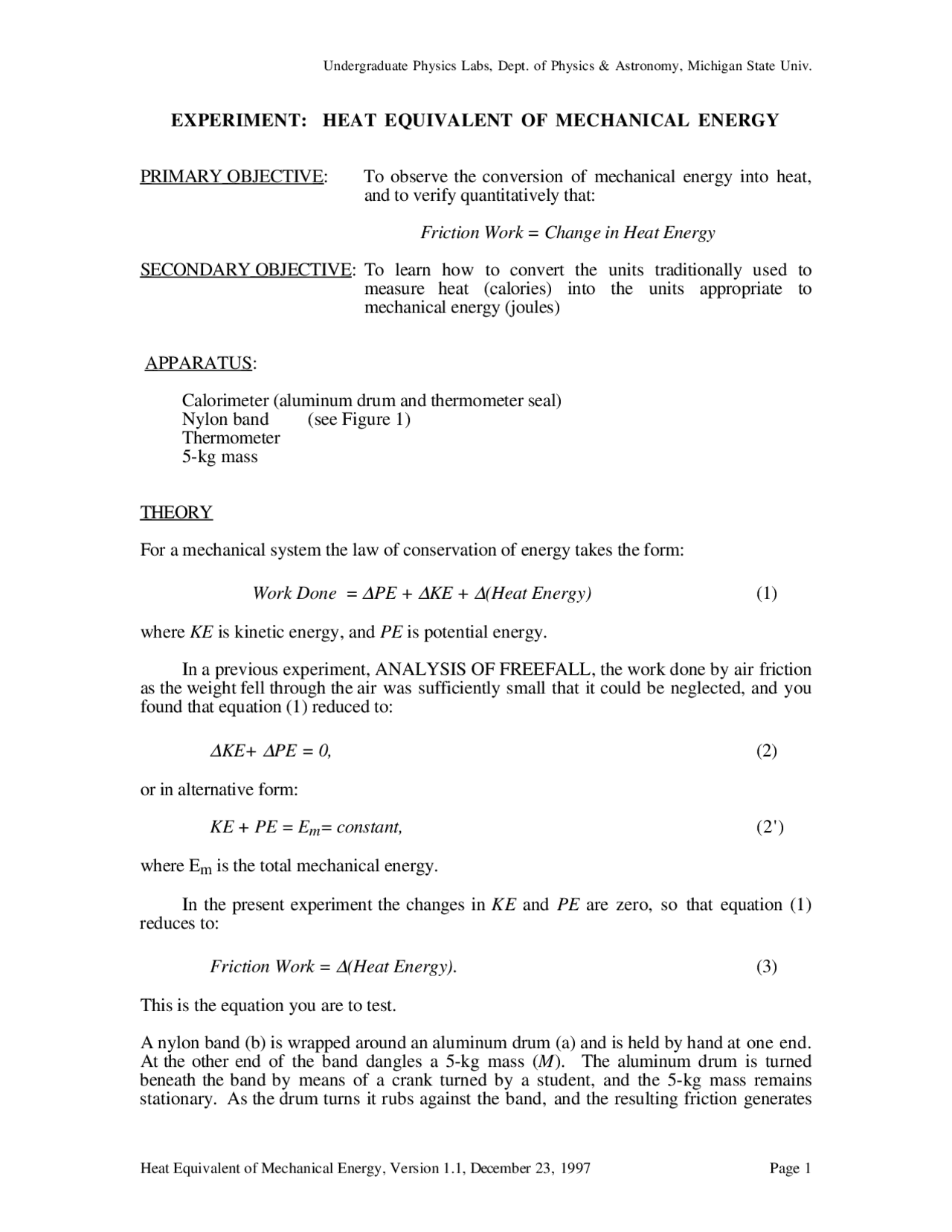 Heat Equivalent of Mechanical Energy - Experiment | PHY 251 - Docsity