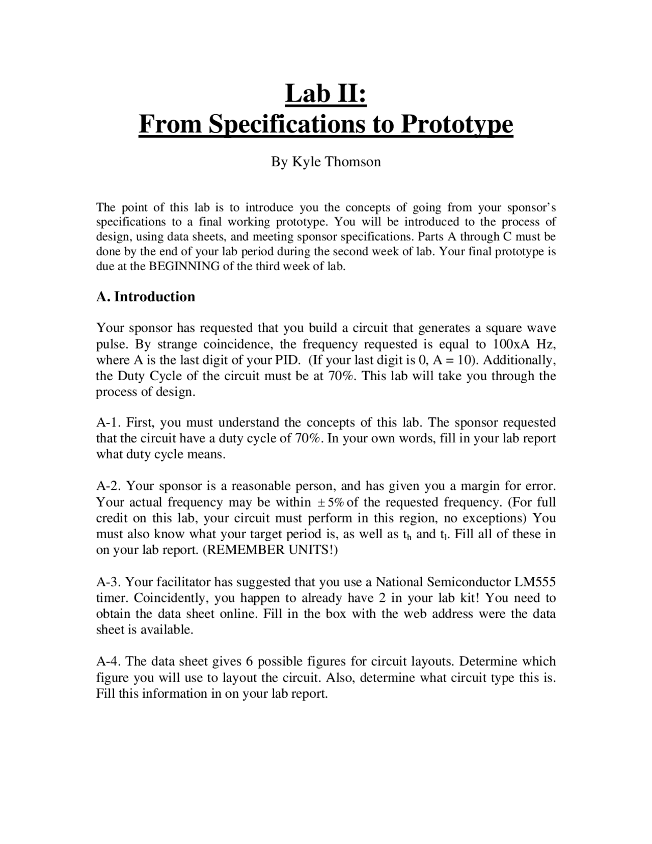 Lab Ii From Specifications To Prototype Senior Design Ece 480