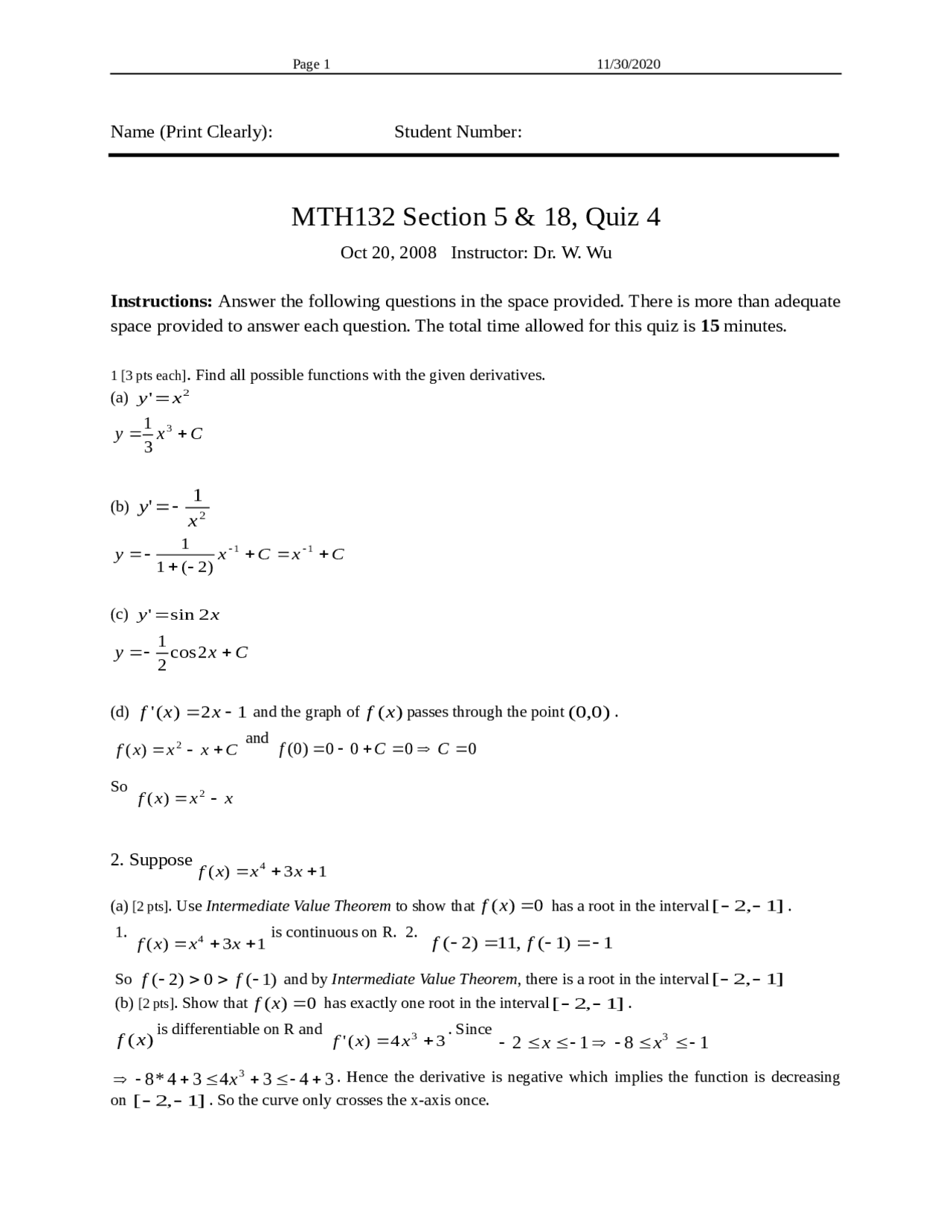 Practice Quiz 4 With Answers Calculus I Mth 132 Docsity