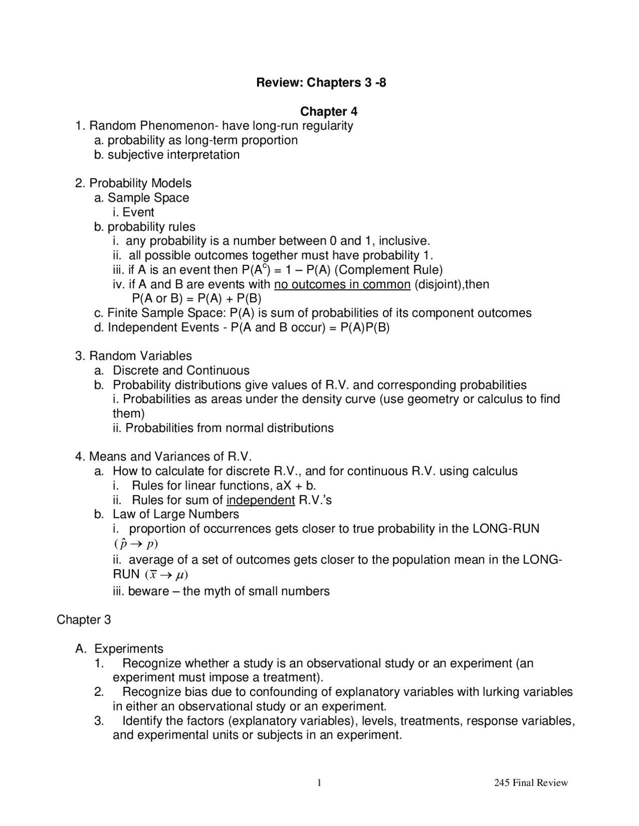 Review Sheet For Exam Introduction To Statistical Analysis Stat 245