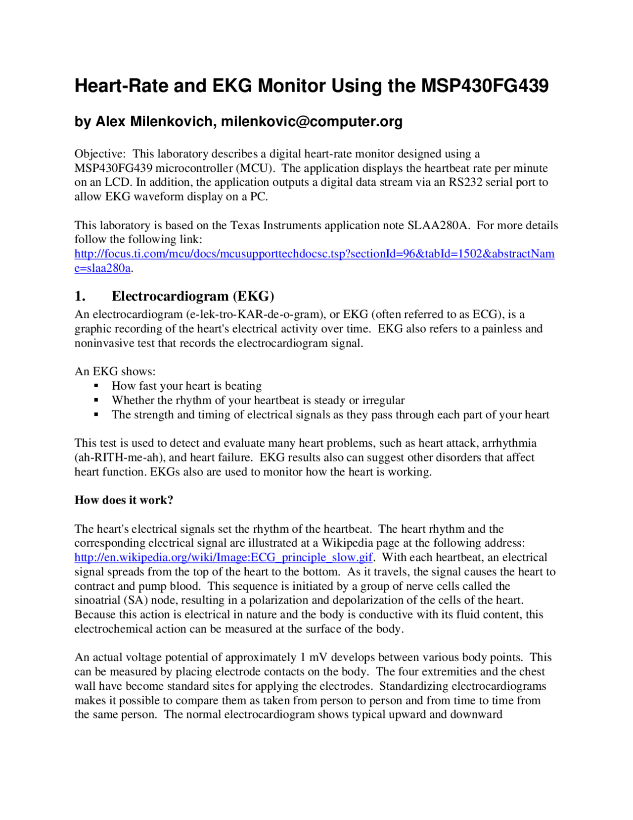 Heart Rate and EKG Monitor Using the MSP430FG439 | CPE 323 - Docsity