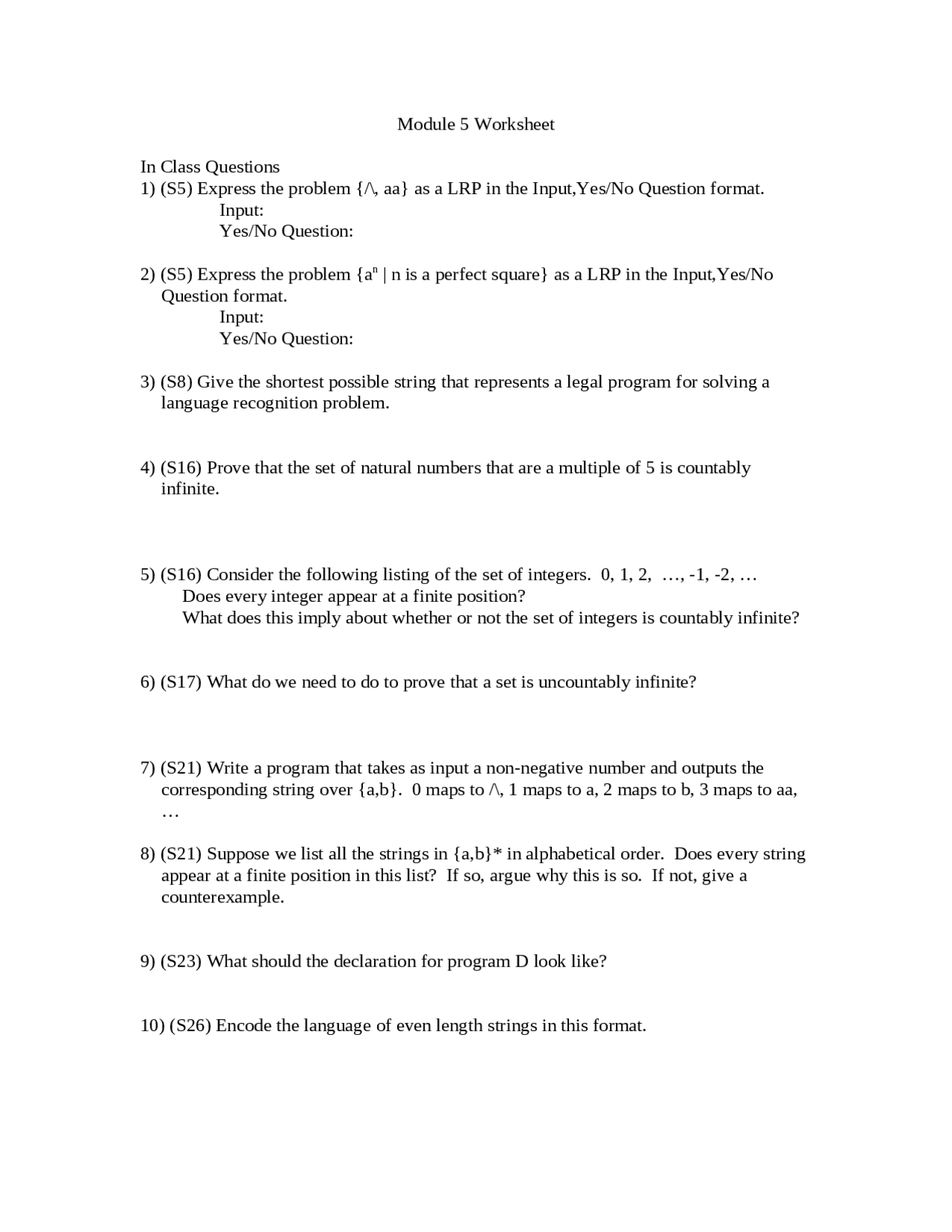 Computability And Languages 14 Questions Worksheet 5 Cse 460 Docsity