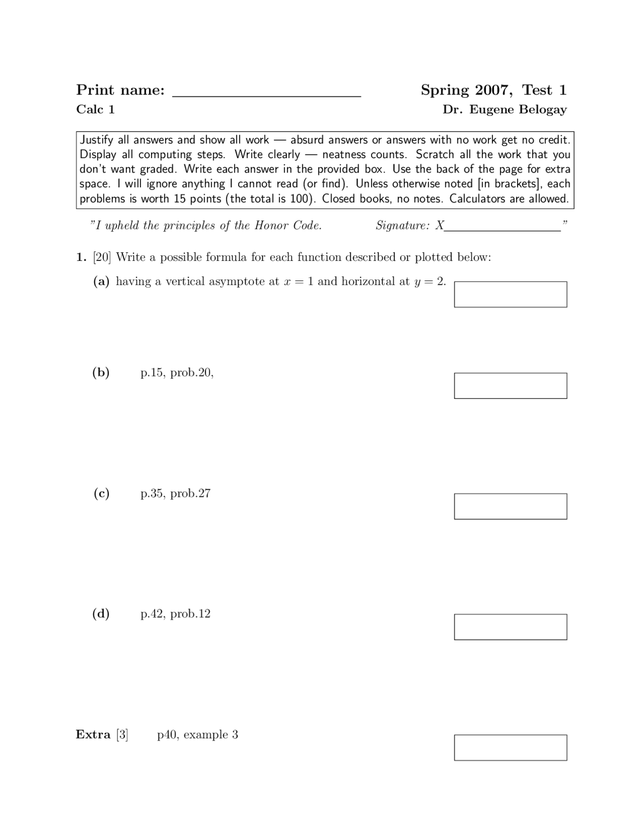 Test 1 Calculus Analytic Geometry 1 Spring 2007 Mac 2311 Exams