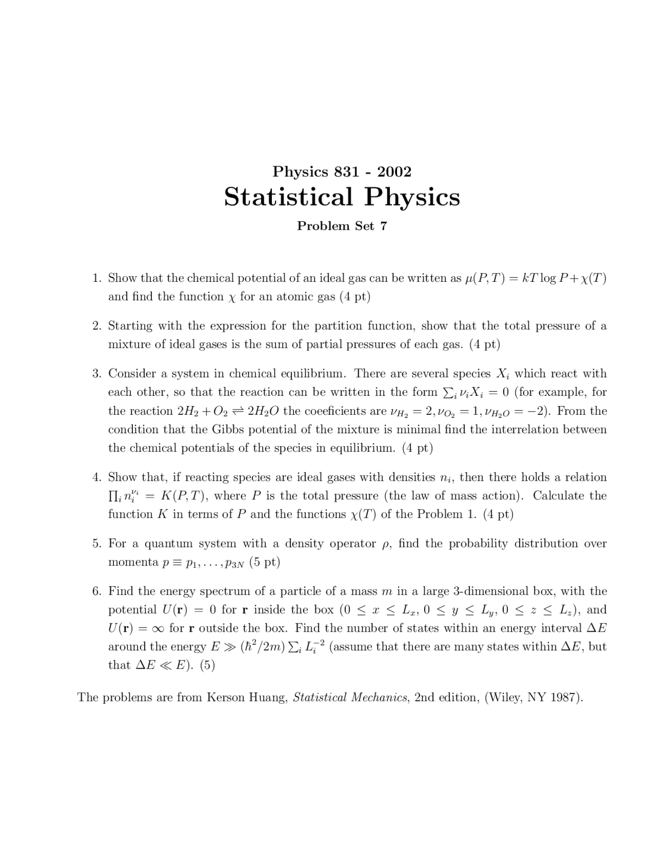 Problem Set 7 with 6 Problems on Statistical Mechanics | PHY 831 - Docsity