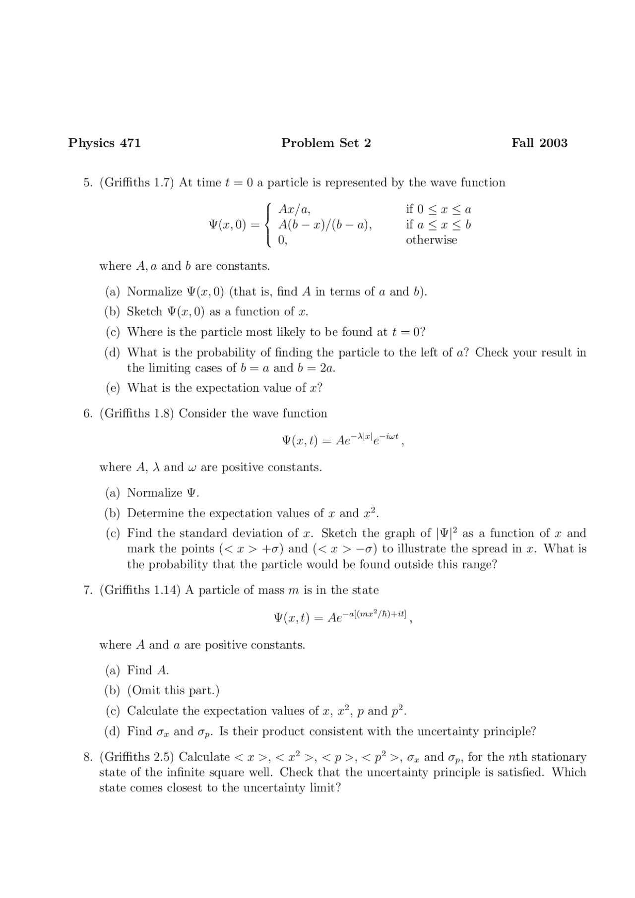 Problem Set 2 Quantum Physics I Phy 471 Docsity