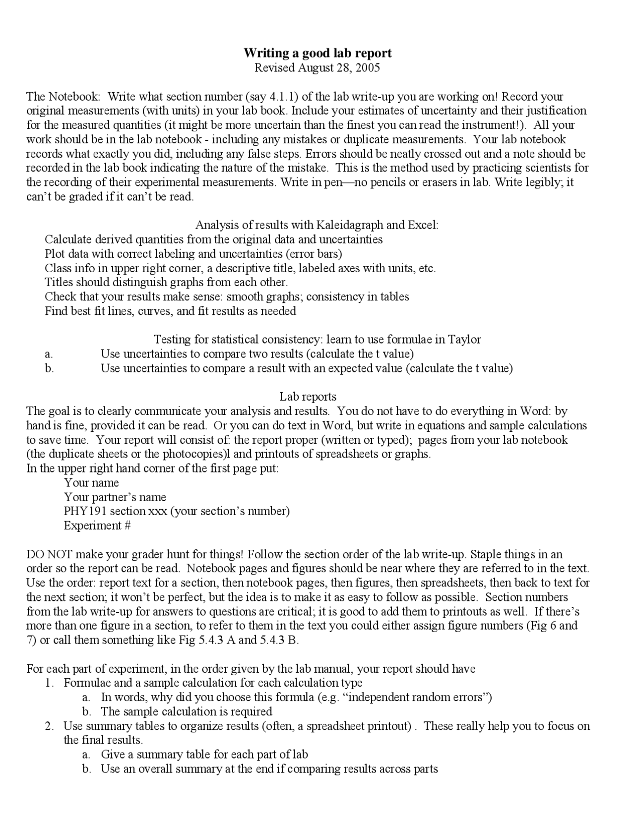 Physics Lab For Scientists I Fall 2005 Phy 191 Docsity