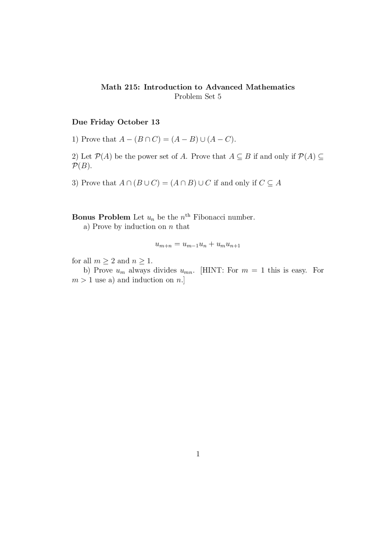 Problem Set 5 Introduction To Advanced Mathematics Math 215 Docsity
