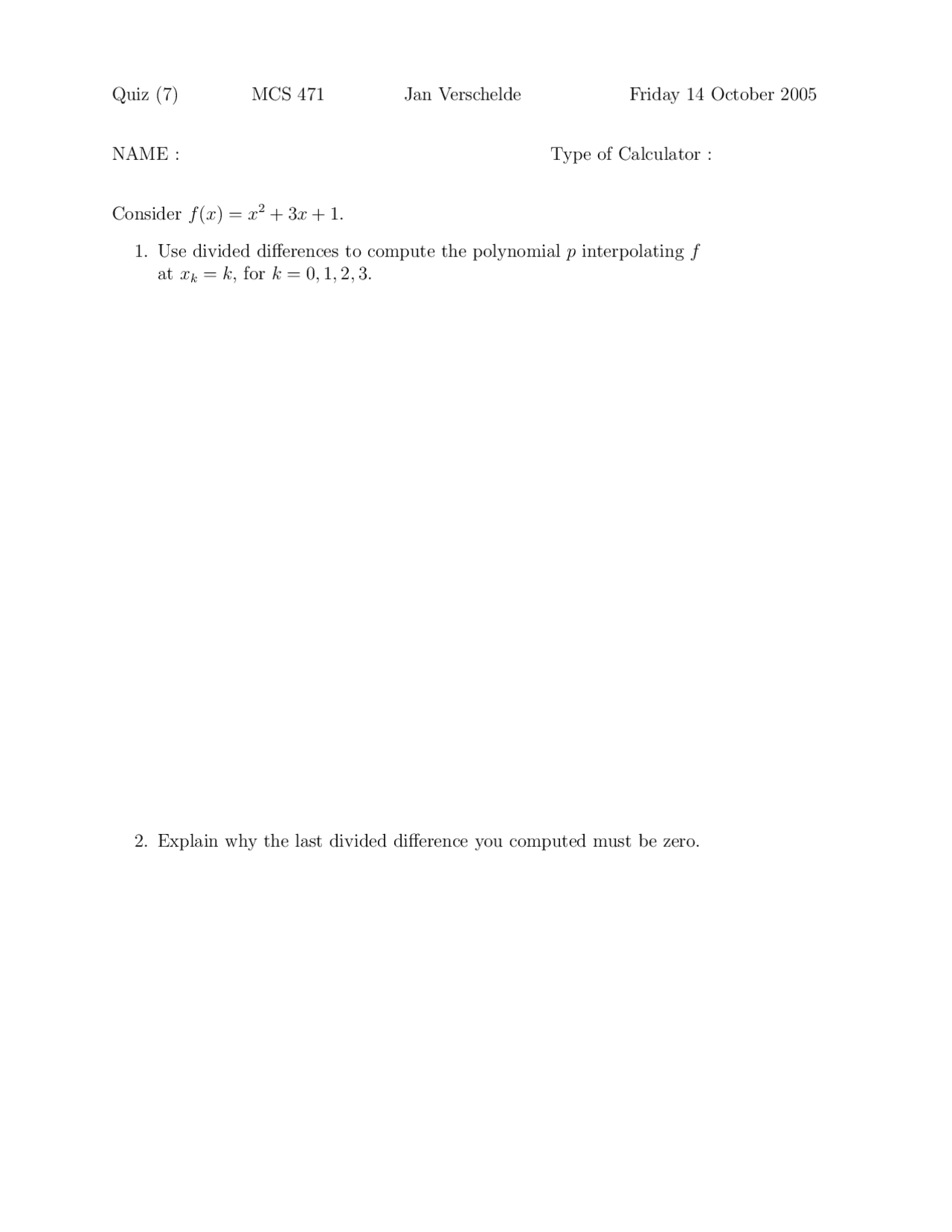Quiz 7 Practice Problems Numerical Analysis Mcs 471 Docsity