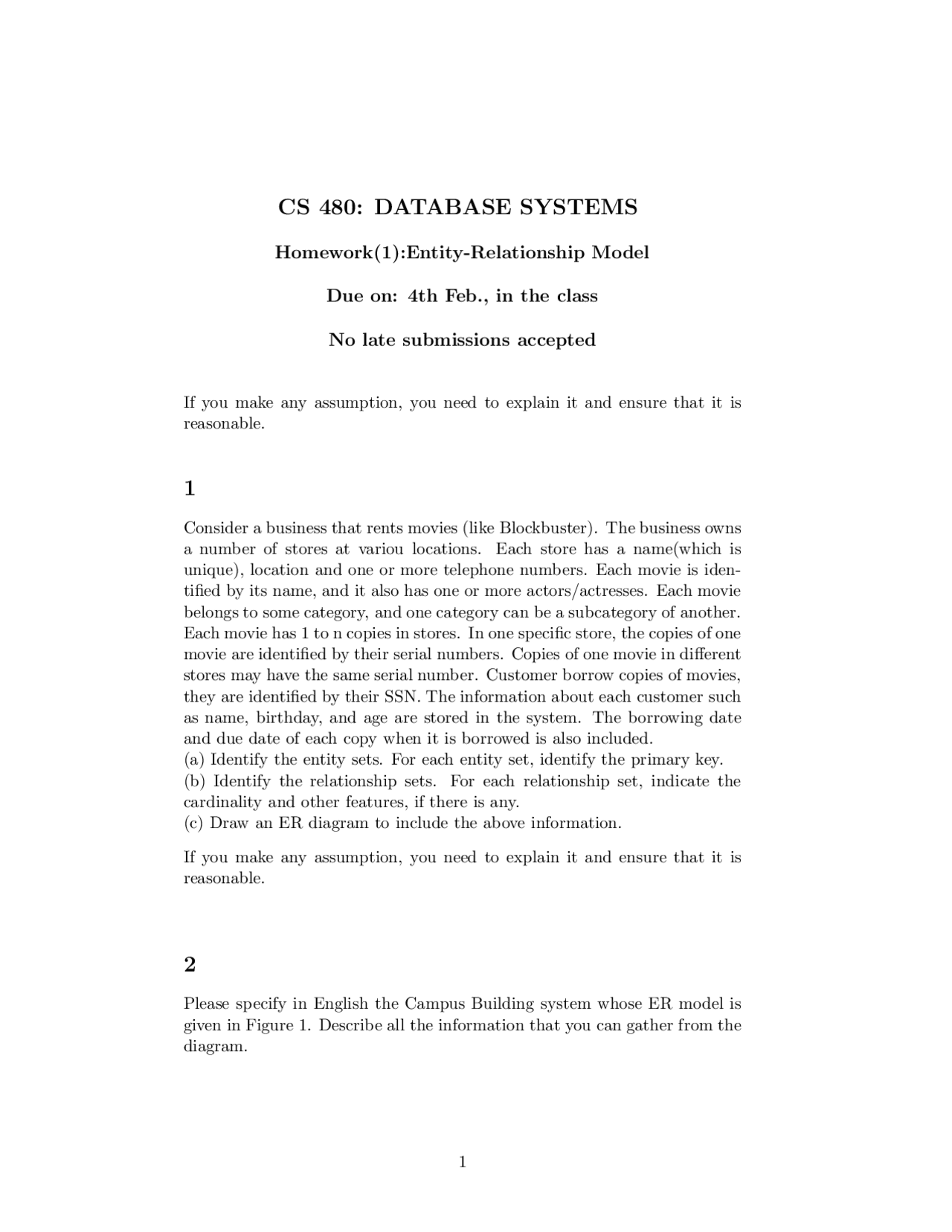 Homework 1 Entity Relationship Model Database Systems Cs 480