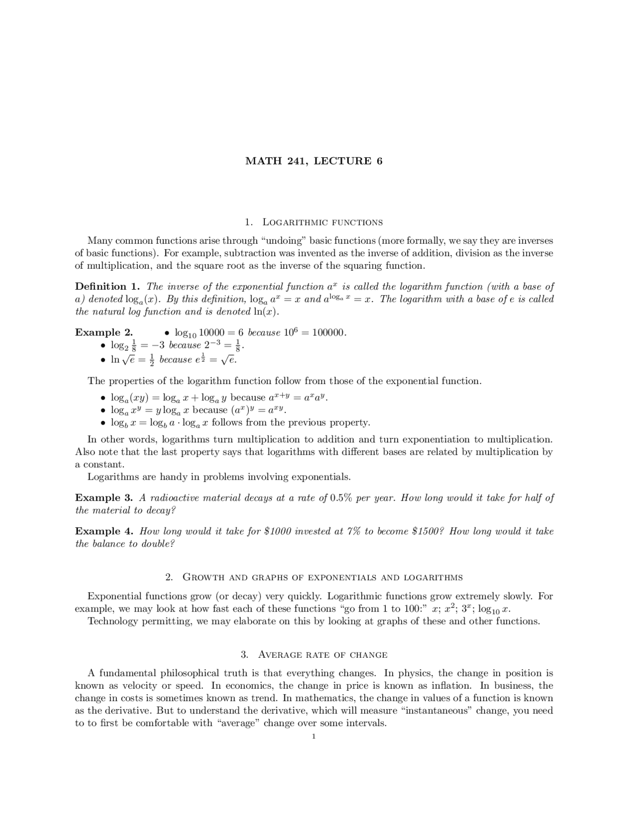 Logarithmic Functions Lecture Notes Math 241 Docsity