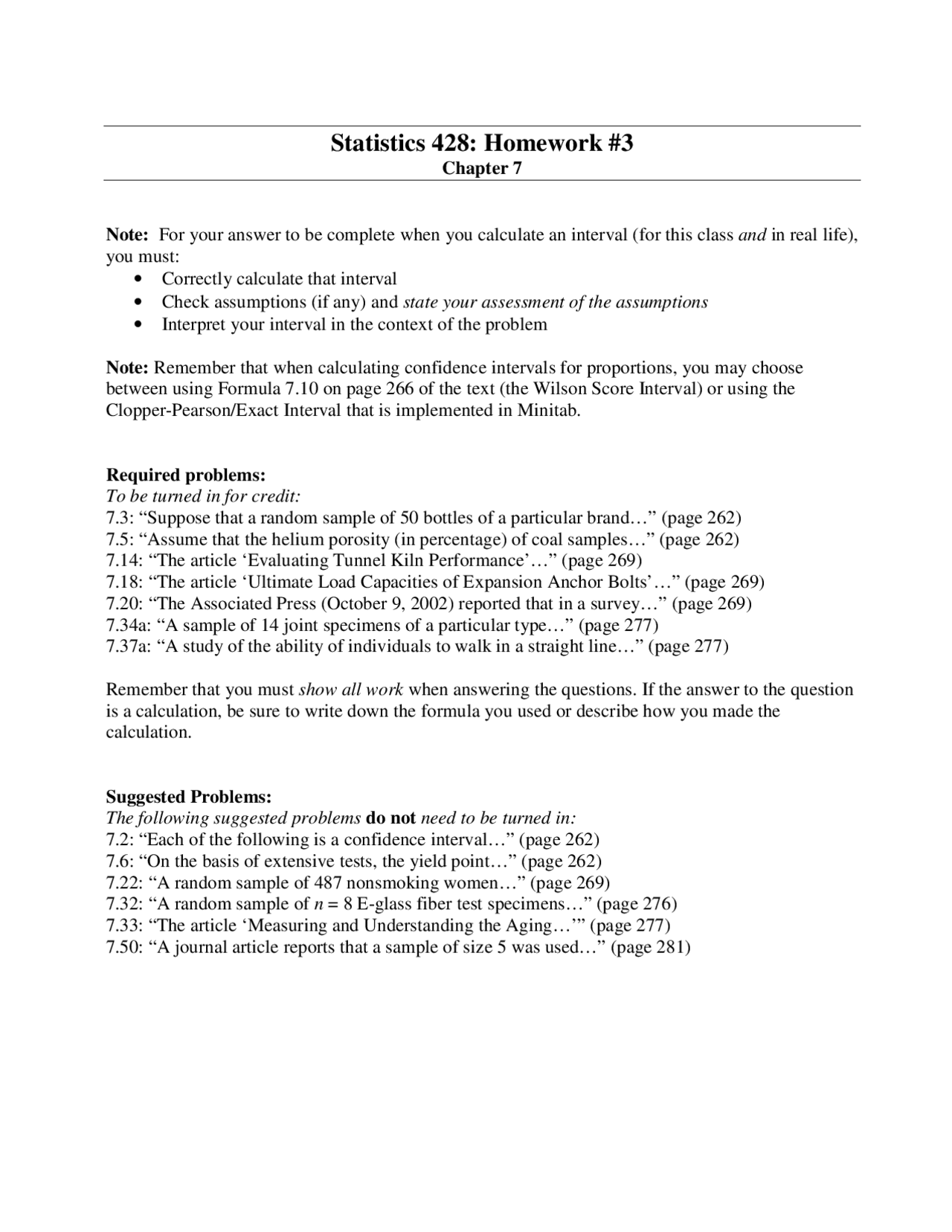 Required And Suggested Problem Assignment 3 Stat 428 Assignments Statistics Docsity