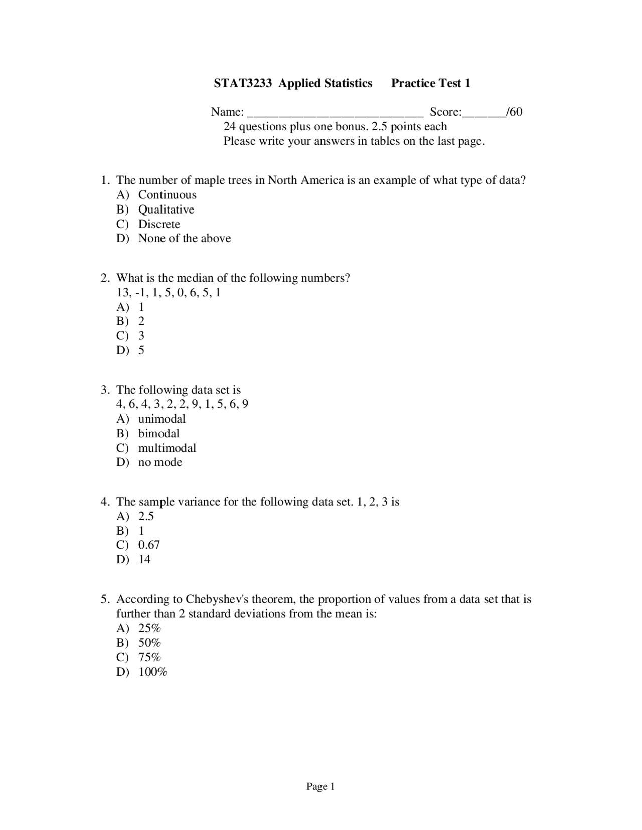 Practice Test 1 for Applied Statistics I | STAT 3233 - Docsity