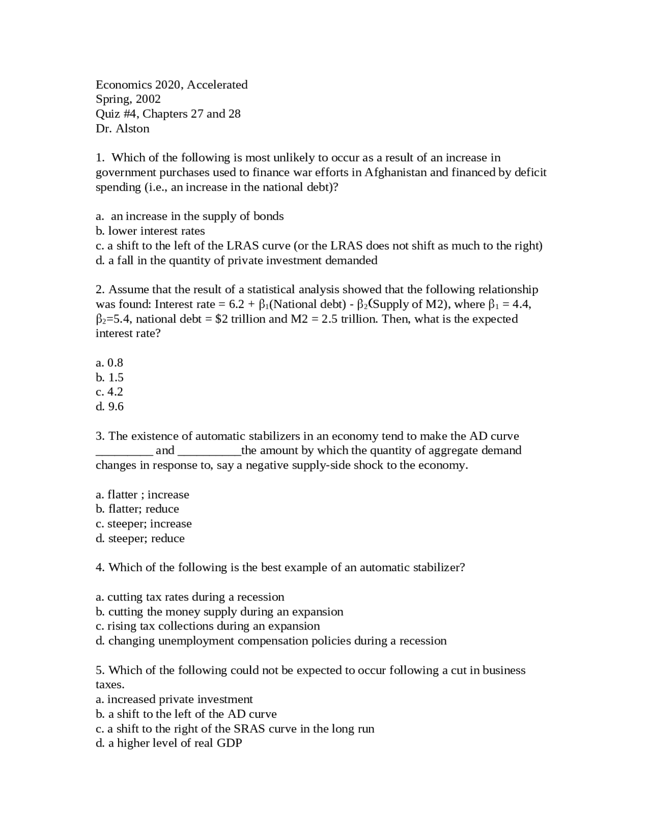 Economics Quiz 2020 - Spring, Quiz #4: Chapters 27 and 28 | Quizzes ...