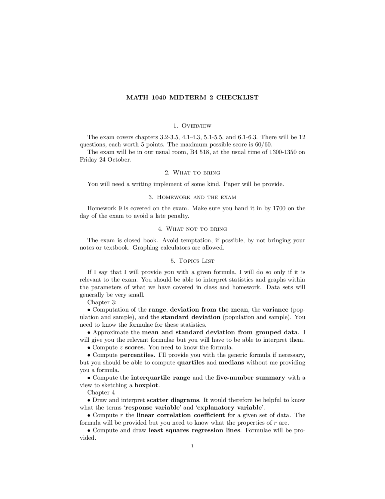 Midterm 2 Checklist Ql Introduction To Statistics Math 1040 Docsity
