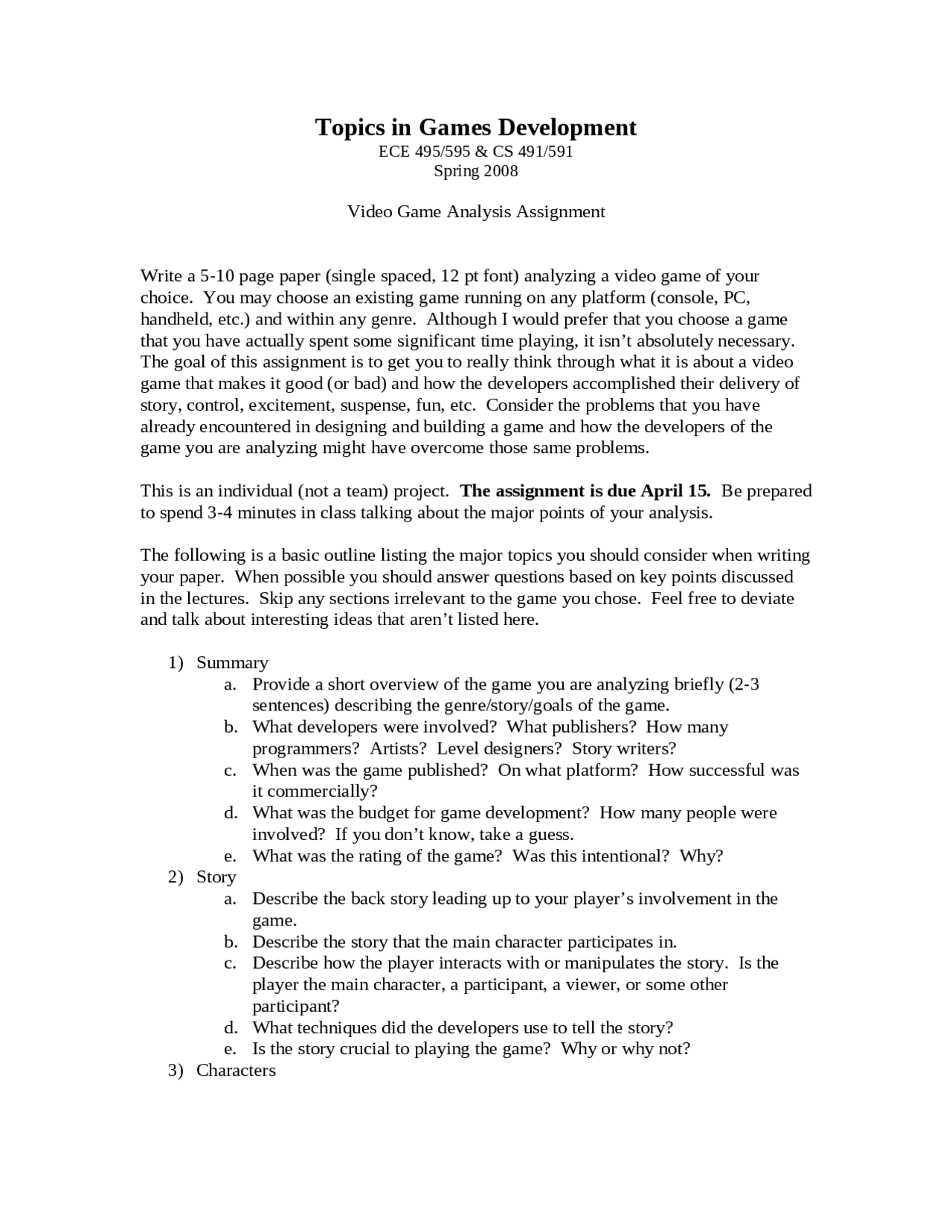 Video Game Analysis Assignment Topics In Game Development Ece 495