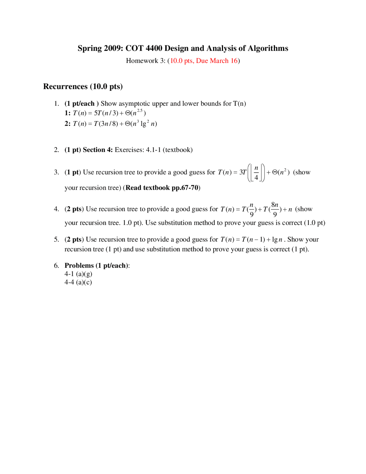 Design And Analysis Of Algorithms Homework 3 Questions Cot 4400