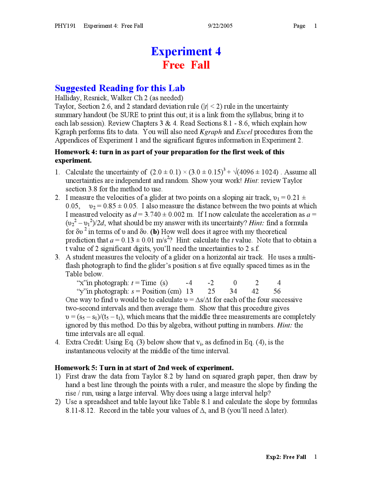 Free Fall Physics Lab For Scientists I Experiment 4 Phy 191 Docsity