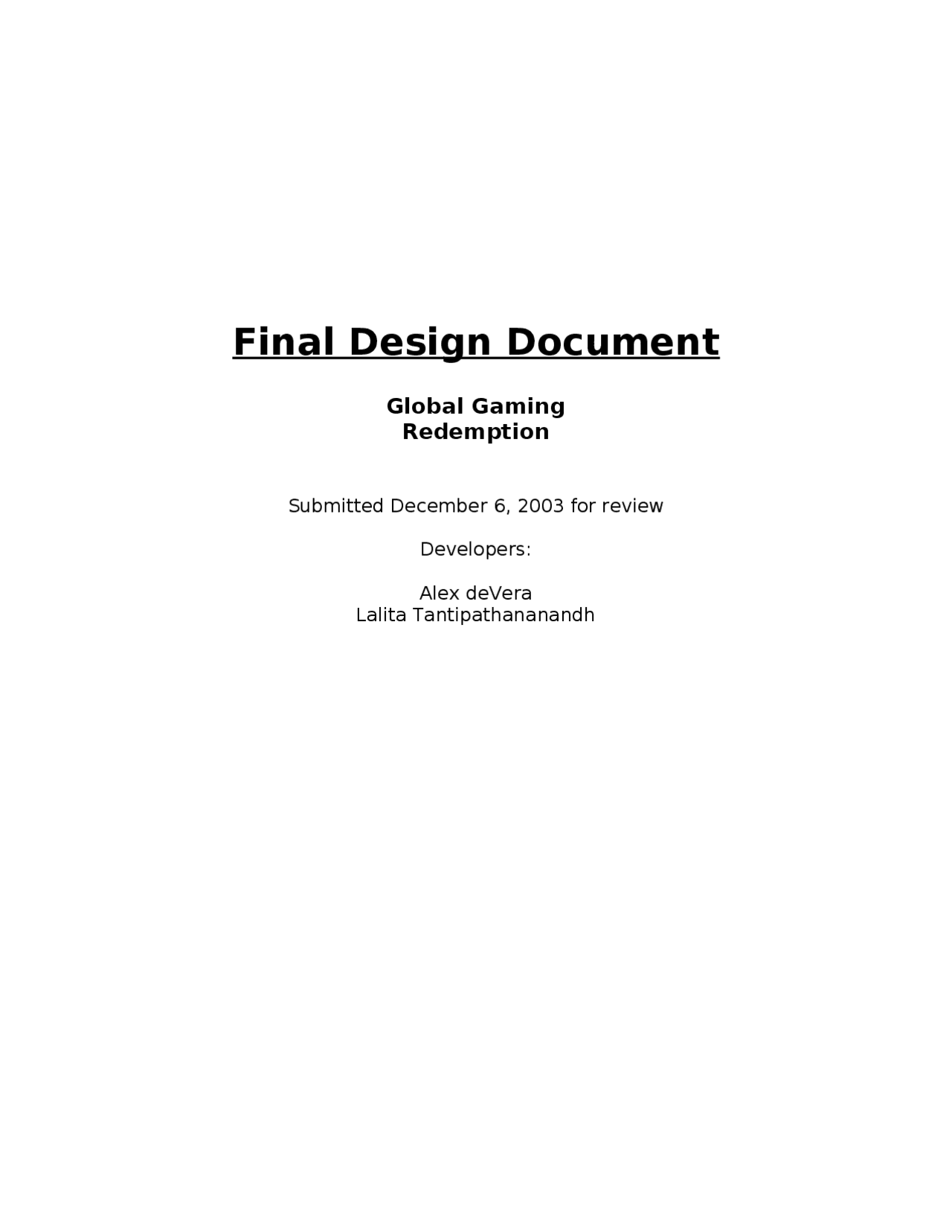Global Gaming Redemption Video Game Design And Development Cs 426