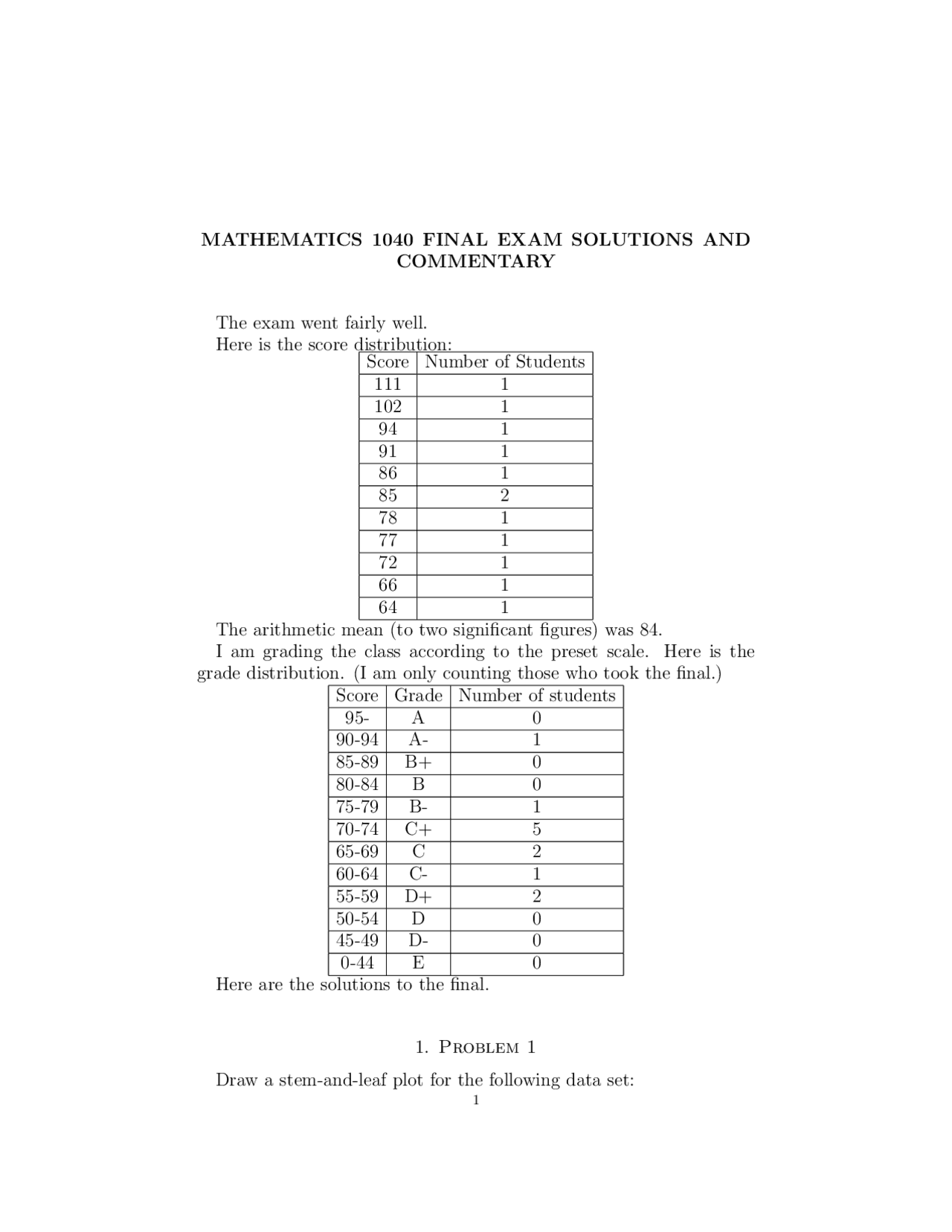Final Exam With Solution Ql Introduction To Statistics Math 1040