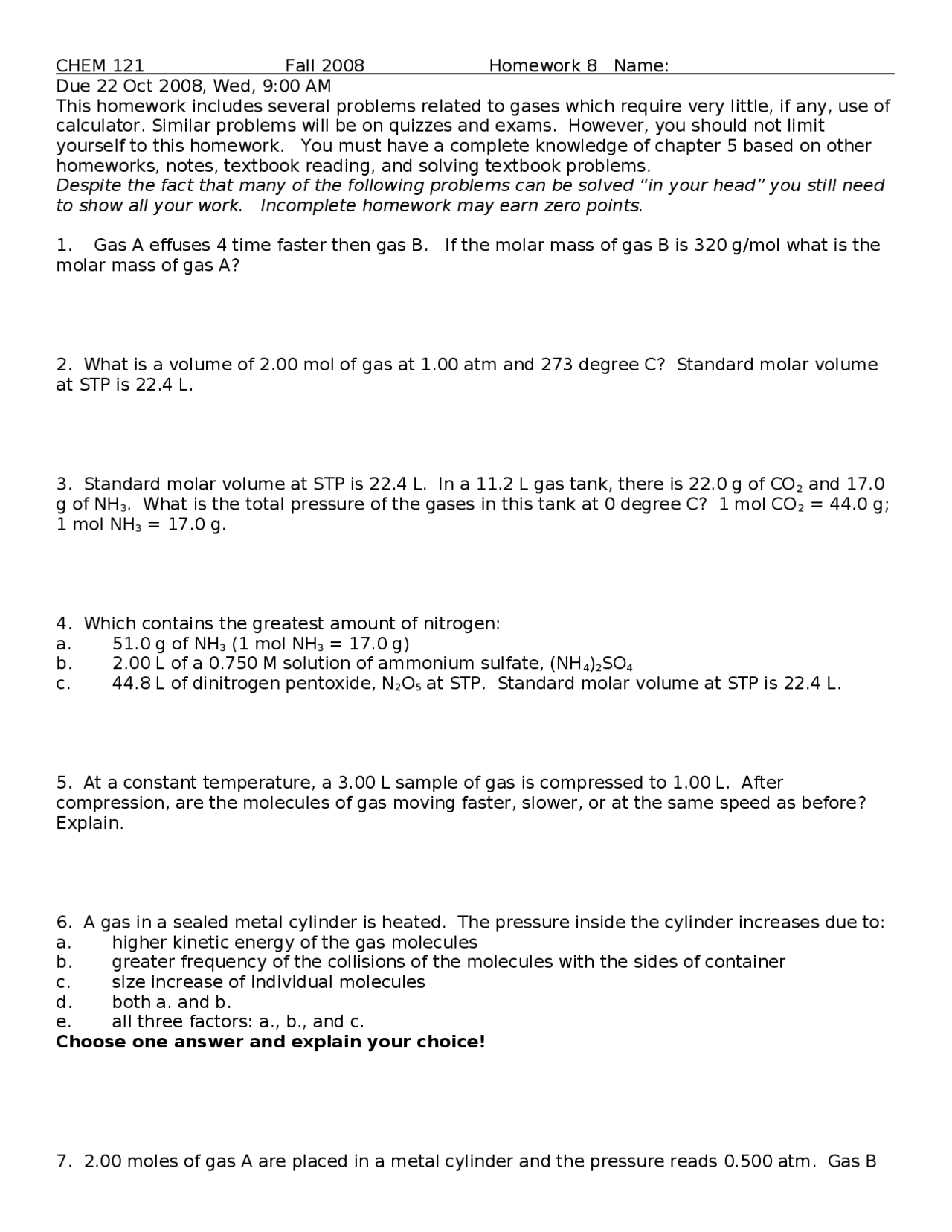 7 Questions For General Chemistry I Assignment Iv Chem 121 Docsity