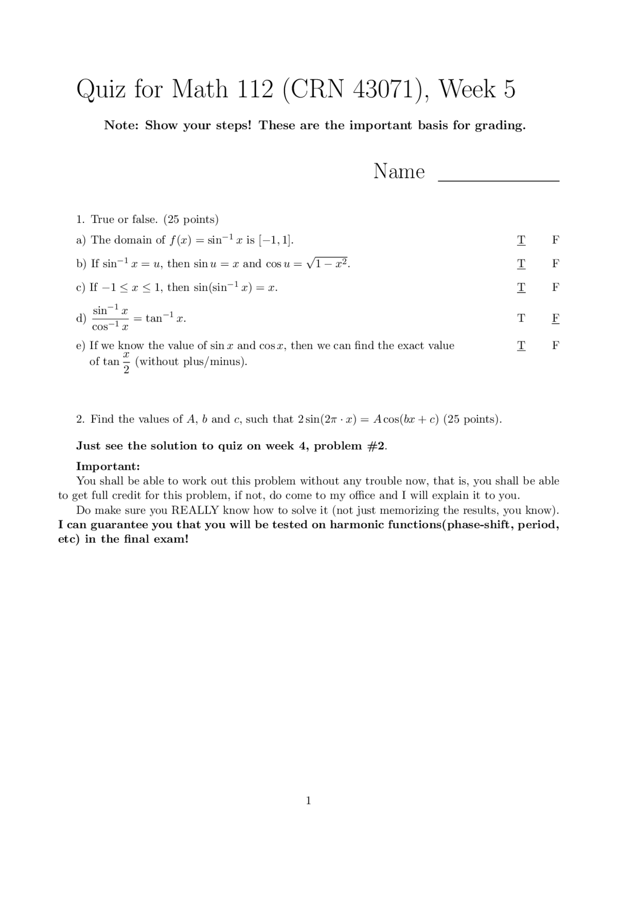 Elementary Functions Solved Quiz Math 112 Docsity
