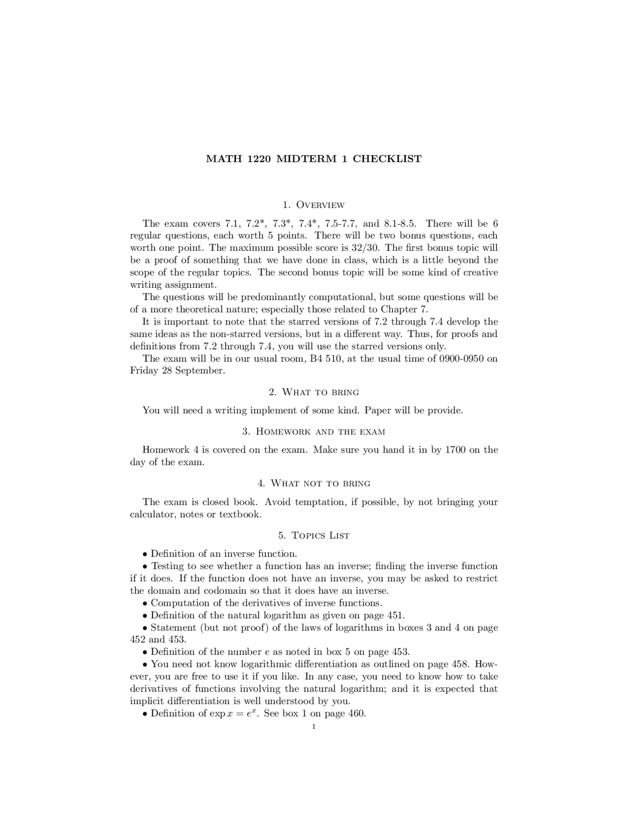 Calculus II - Midterm Exam 1 Checklist | MATH 1220 - Docsity