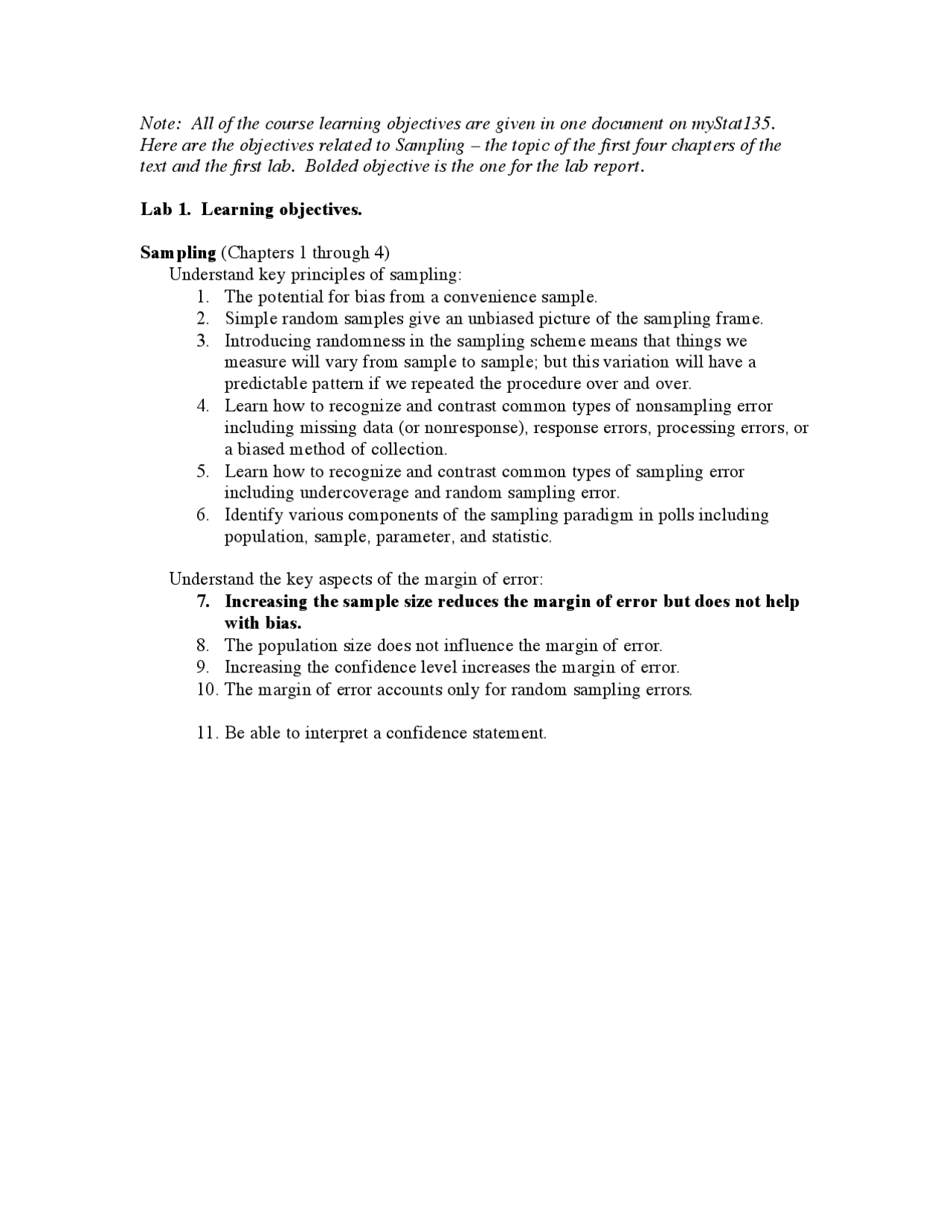 Learning Objectives For Sampling Lab 1 Stat 135 Docsity