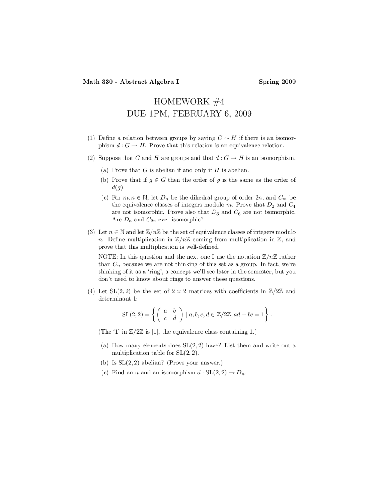 4 Questions For Assignment 4 Abstract Algebra I Math 330 Docsity
