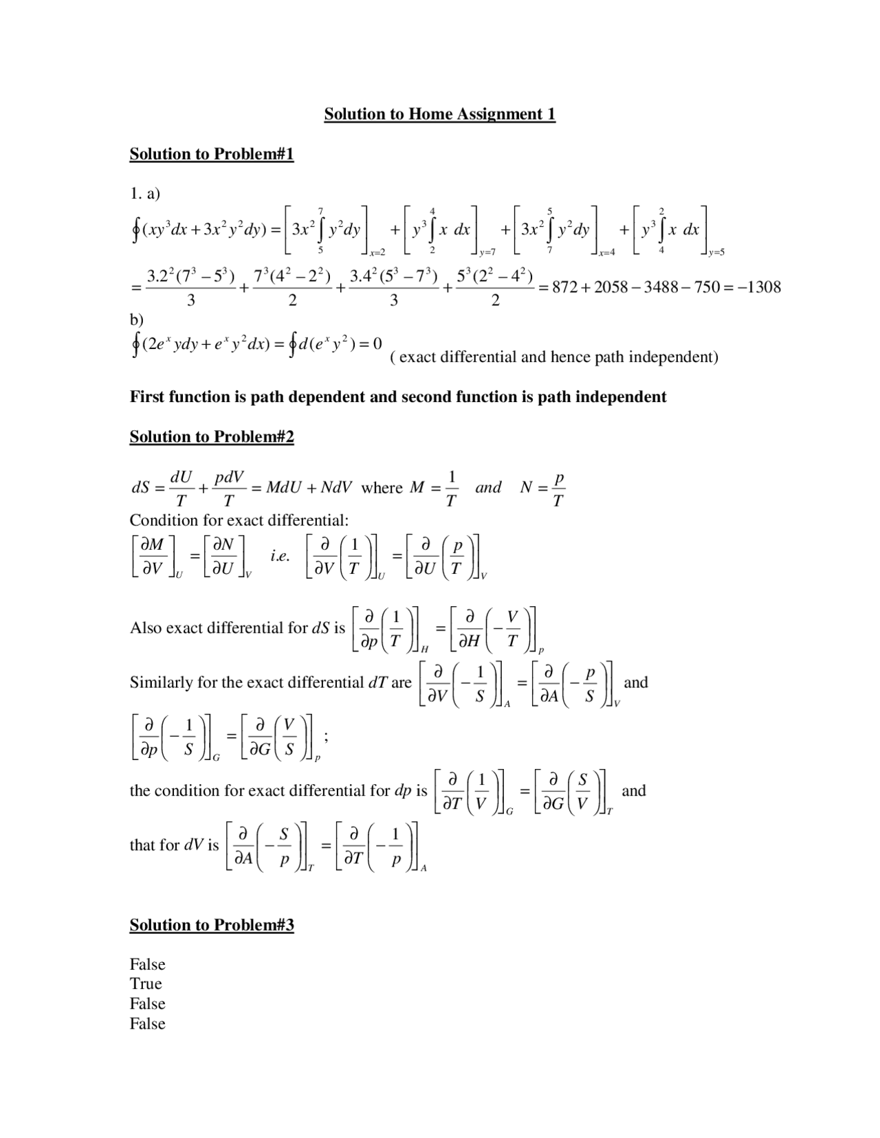 Solution To Home Assignment 1 Advanced Thermodynamics Me 501 Docsity