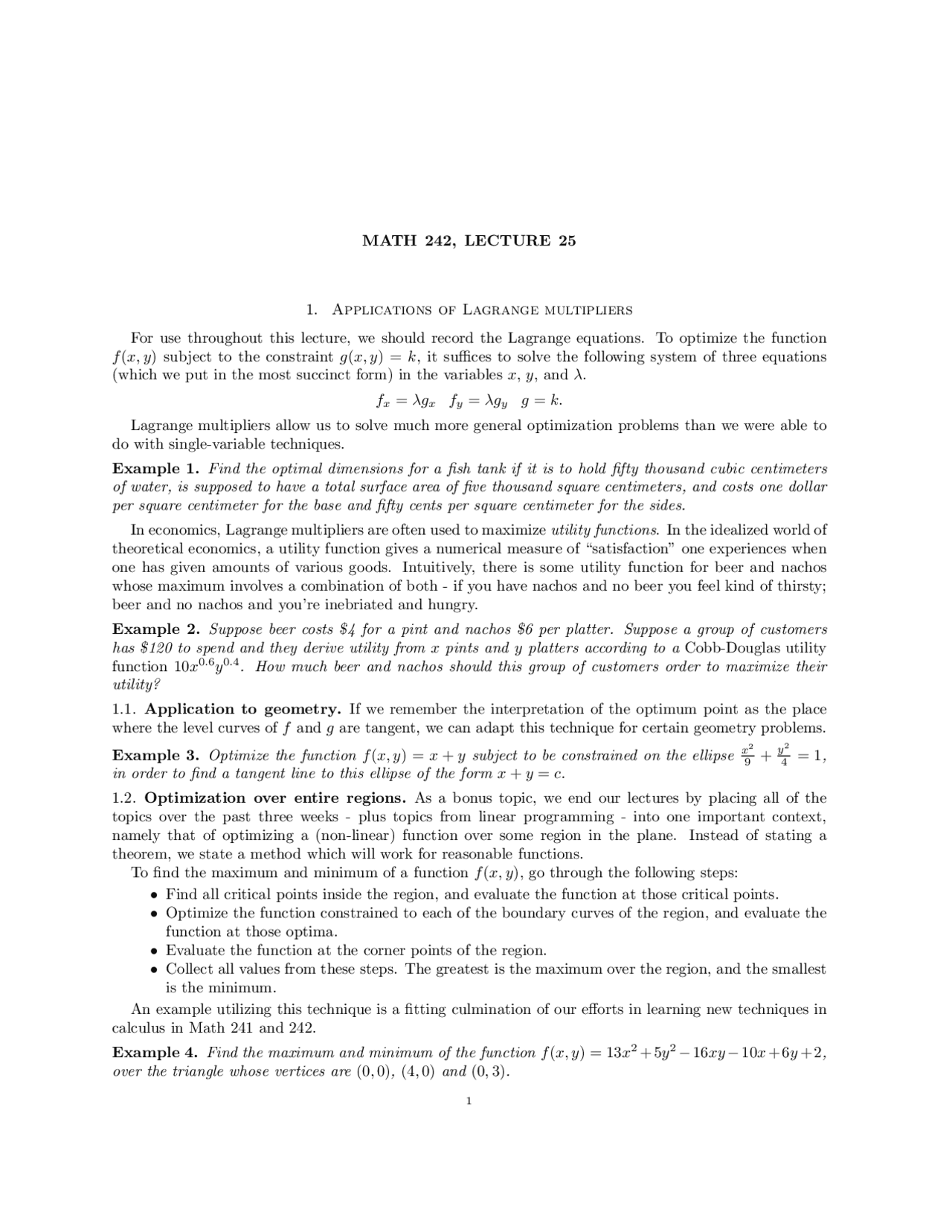 Applications To The Lagrange Multipliers And Geometry Math 242 Docsity