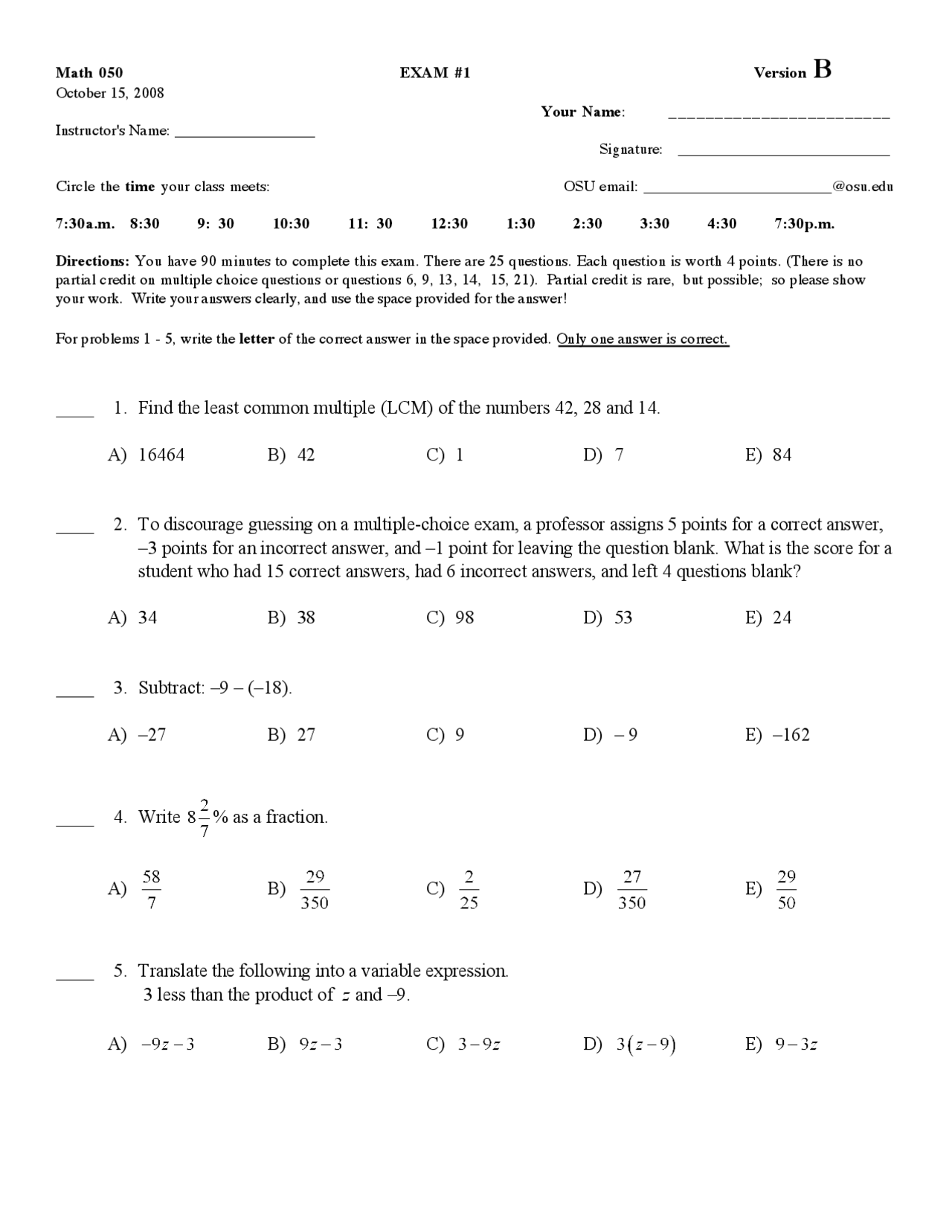 Math Exam 050 - Version B | Exams Mathematics | Docsity