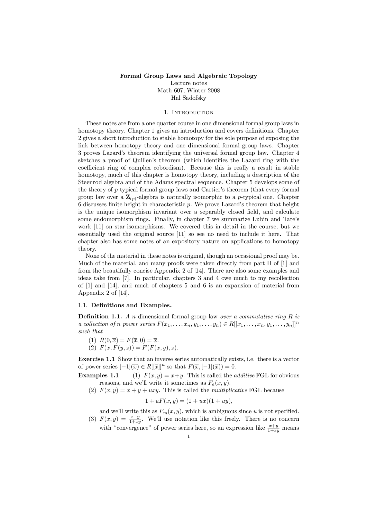Formal Group Laws and Algebraic Topology | MATH 607 | Study notes ...