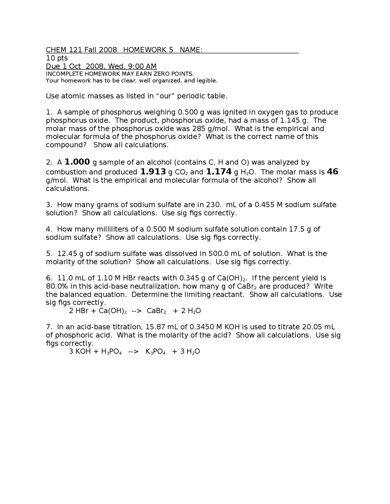 7 Questions On Assignment 5 General Chemistry I Chem 121 Docsity