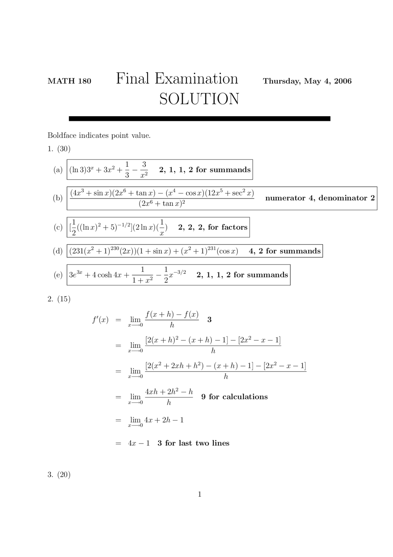 Final Exam Solution Calculus I Math 180 Docsity