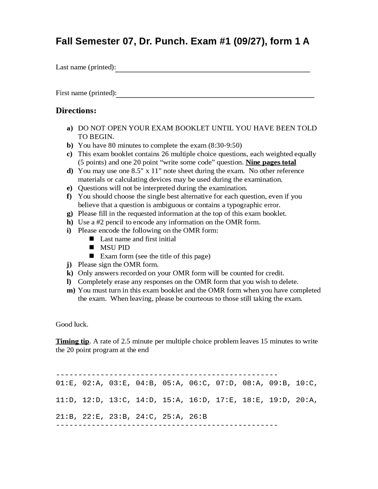 Fall 07 Exam 1: Computer Science Exam with Programming Questions - Prof. William Punch | Exams ...