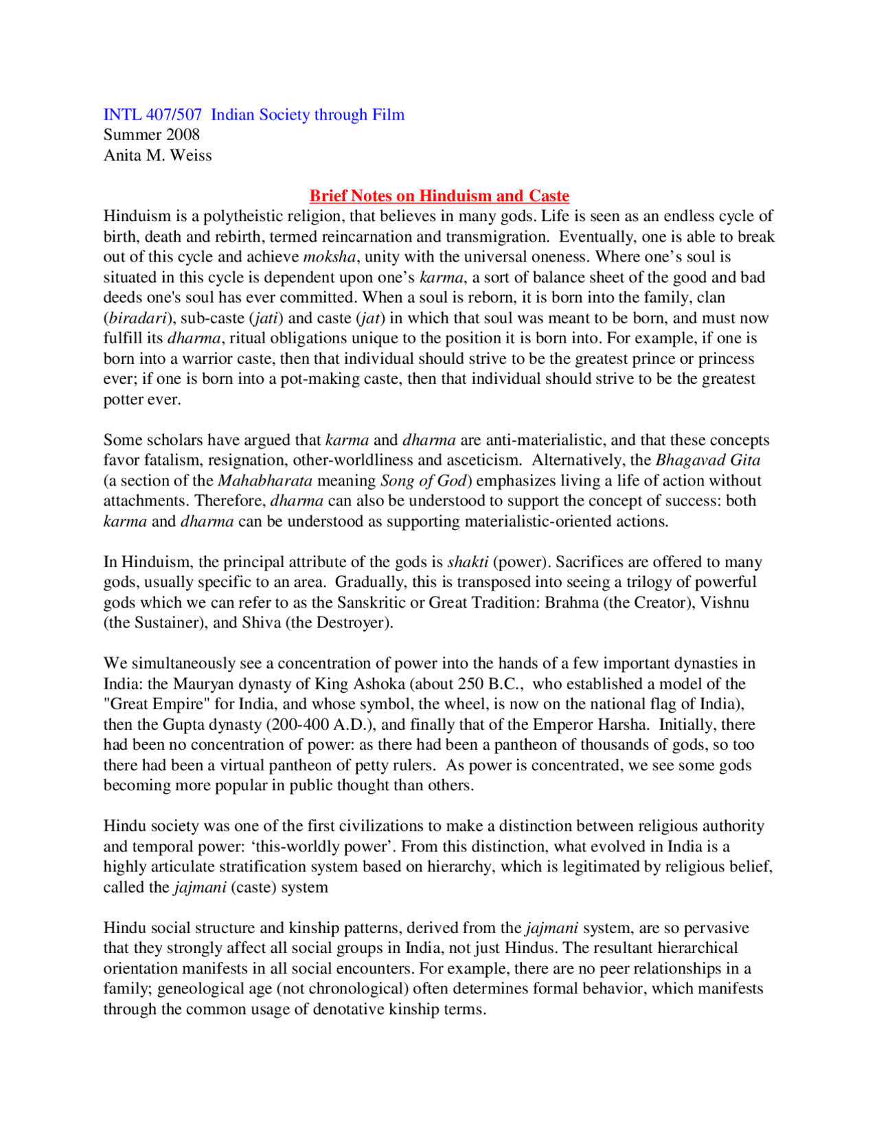 Introduction to Hinduism, Caste and the Jajmani System | INTL 407 - Docsity