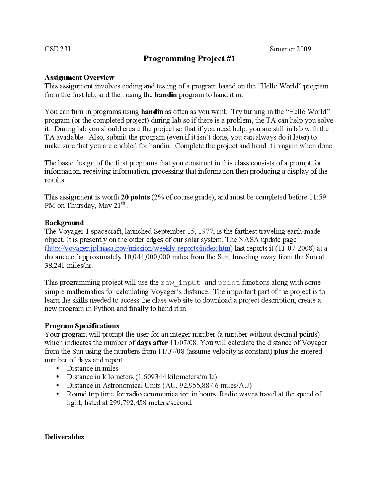 CSE 231 Programming Project #1: Calculating Voyager's Distance from the Sun | Study Guides ...