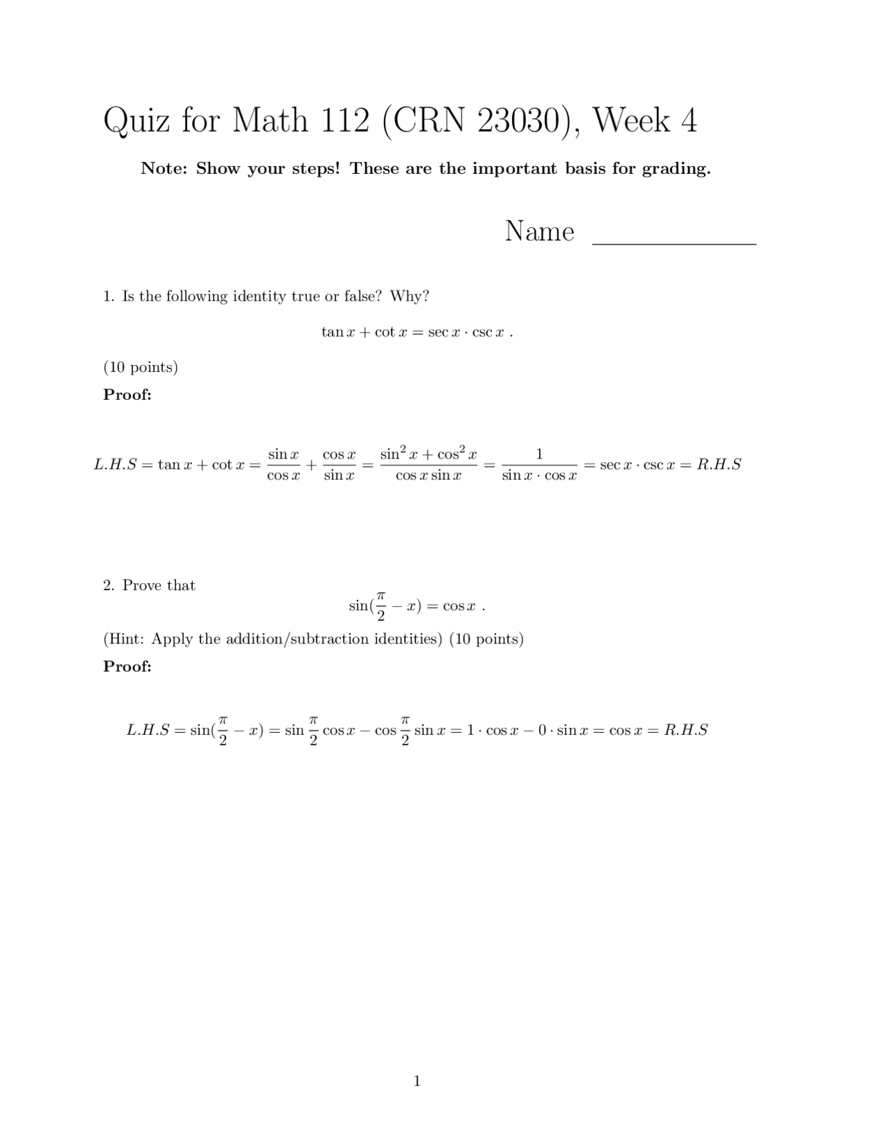 Quiz With Solutions For Elementary Functions Math 112 Docsity