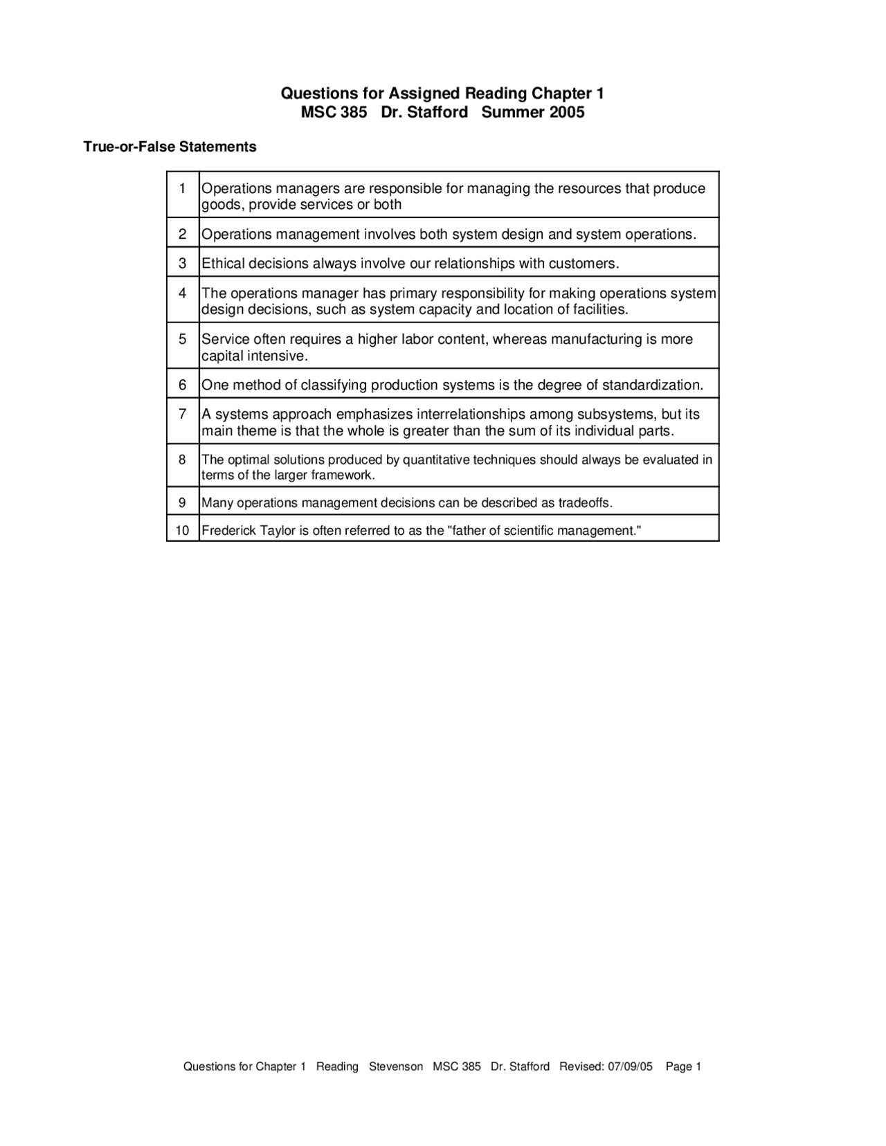Questions For Operations Analysis Summer 2005 Msc 385 Docsity
