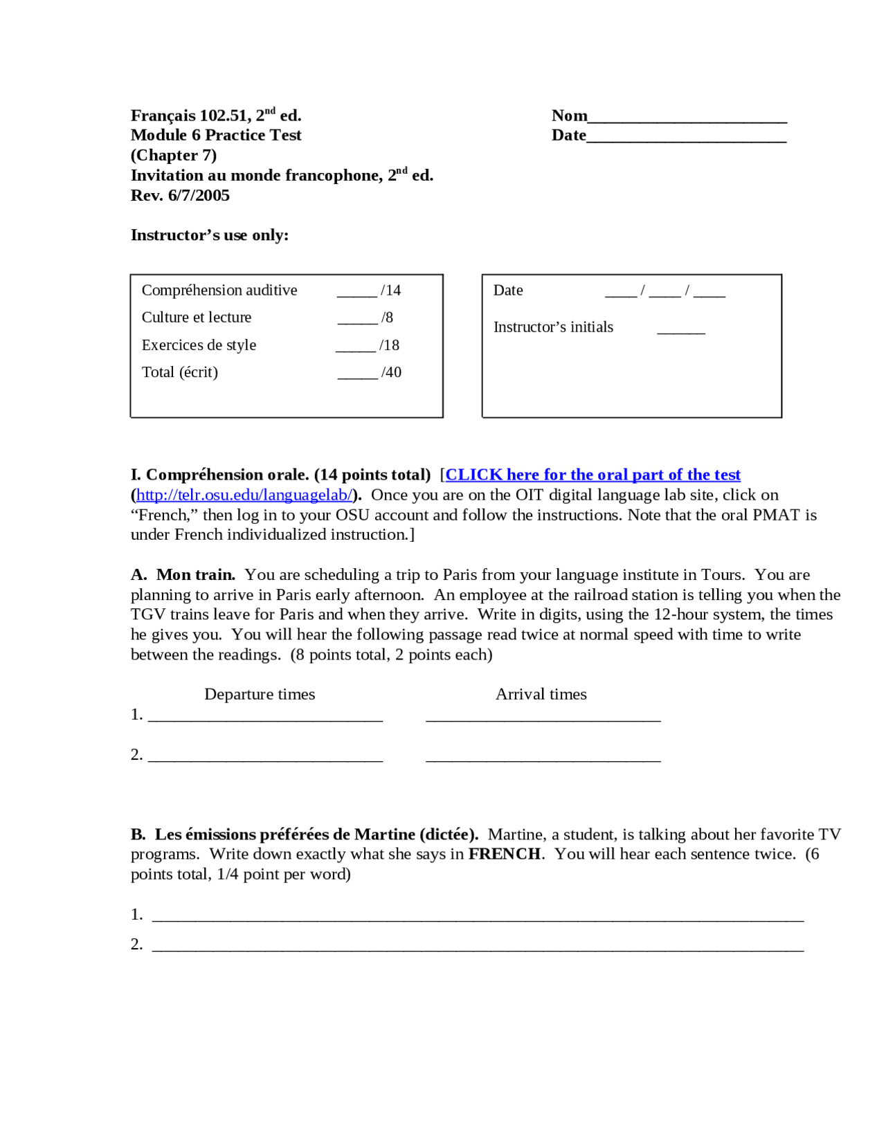 Module 6 Practice Test Classroom Track Fall 2005 French 102 Docsity