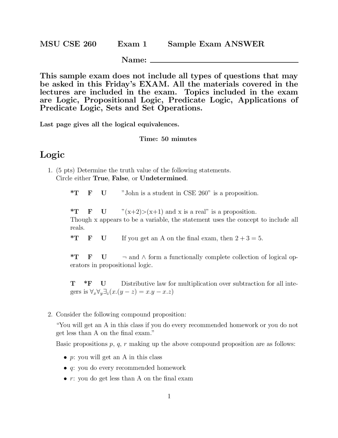 Sample Exam Answers For Discrete Structures Computer Science Cse 260 Docsity