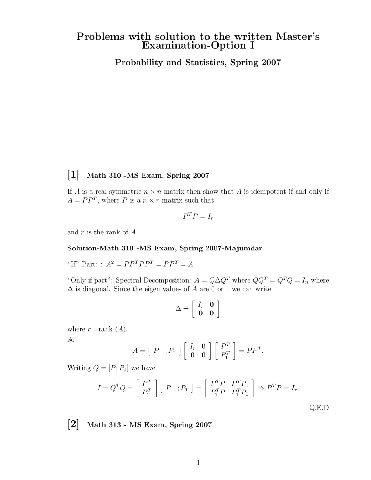 10 Solved Problems In Applied Linear Algebra Exam Math 310 Docsity