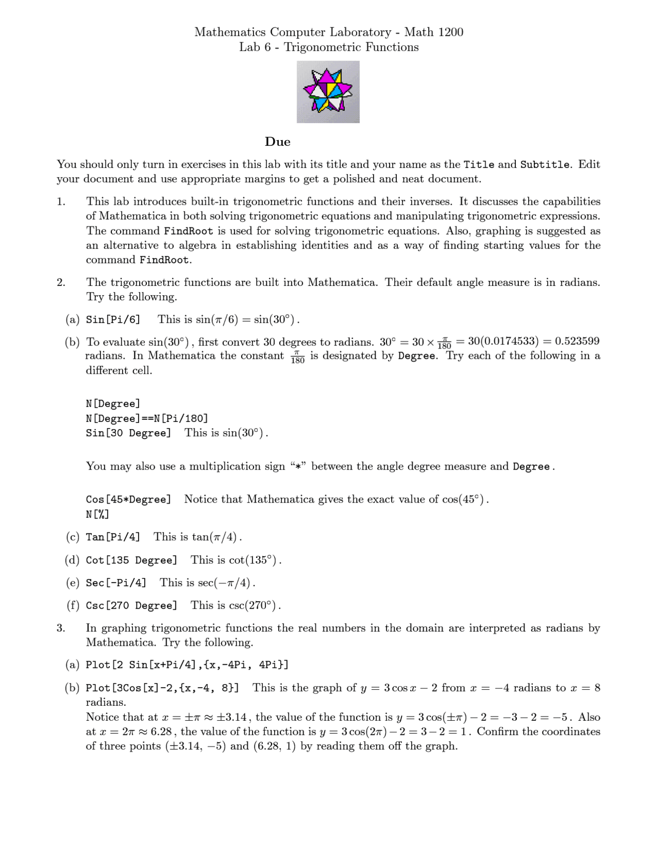Mathematics Computer Lab 6 Trigonometric Functions Math 1200