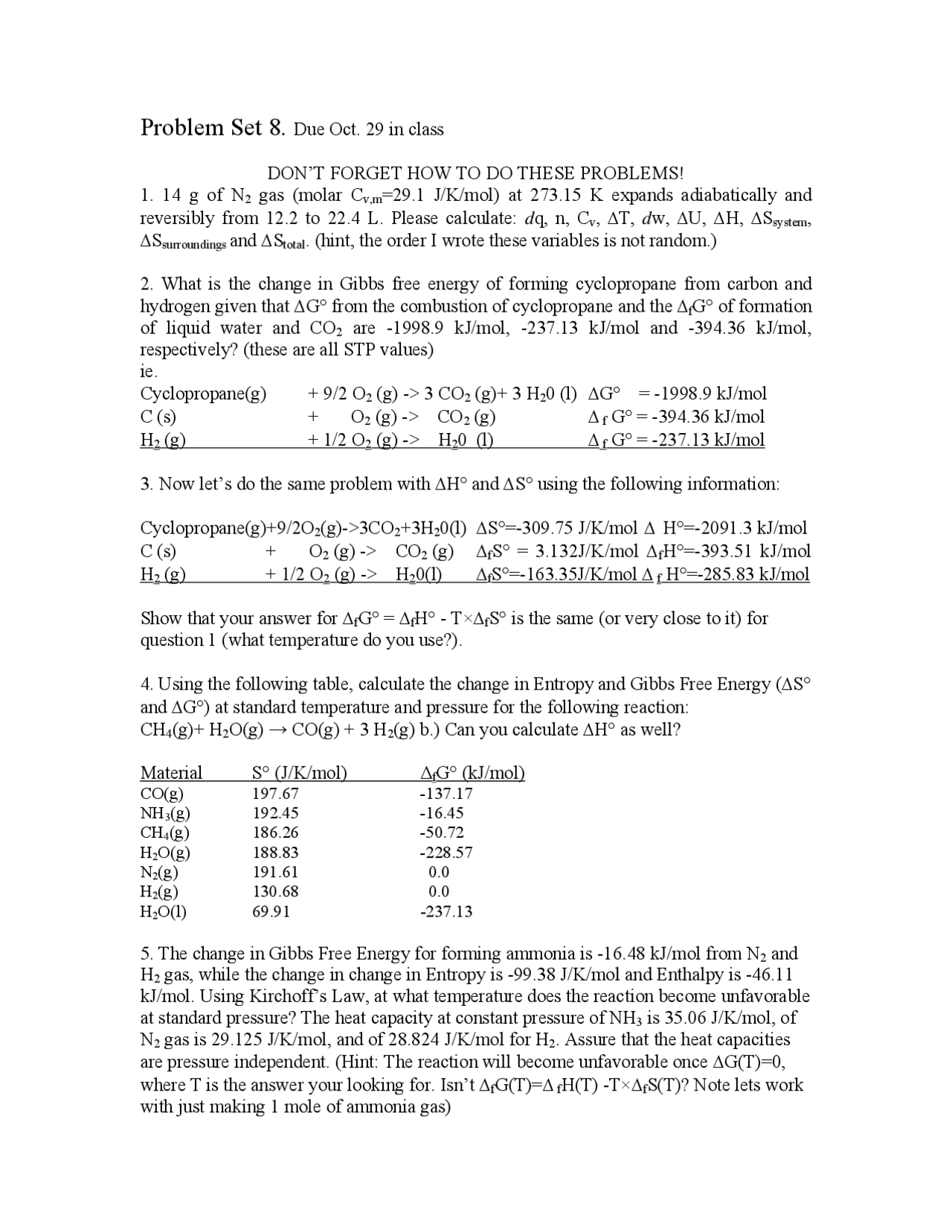 5 Problems Of Physical Chemistry I Assignment 8 Chem 342 Docsity