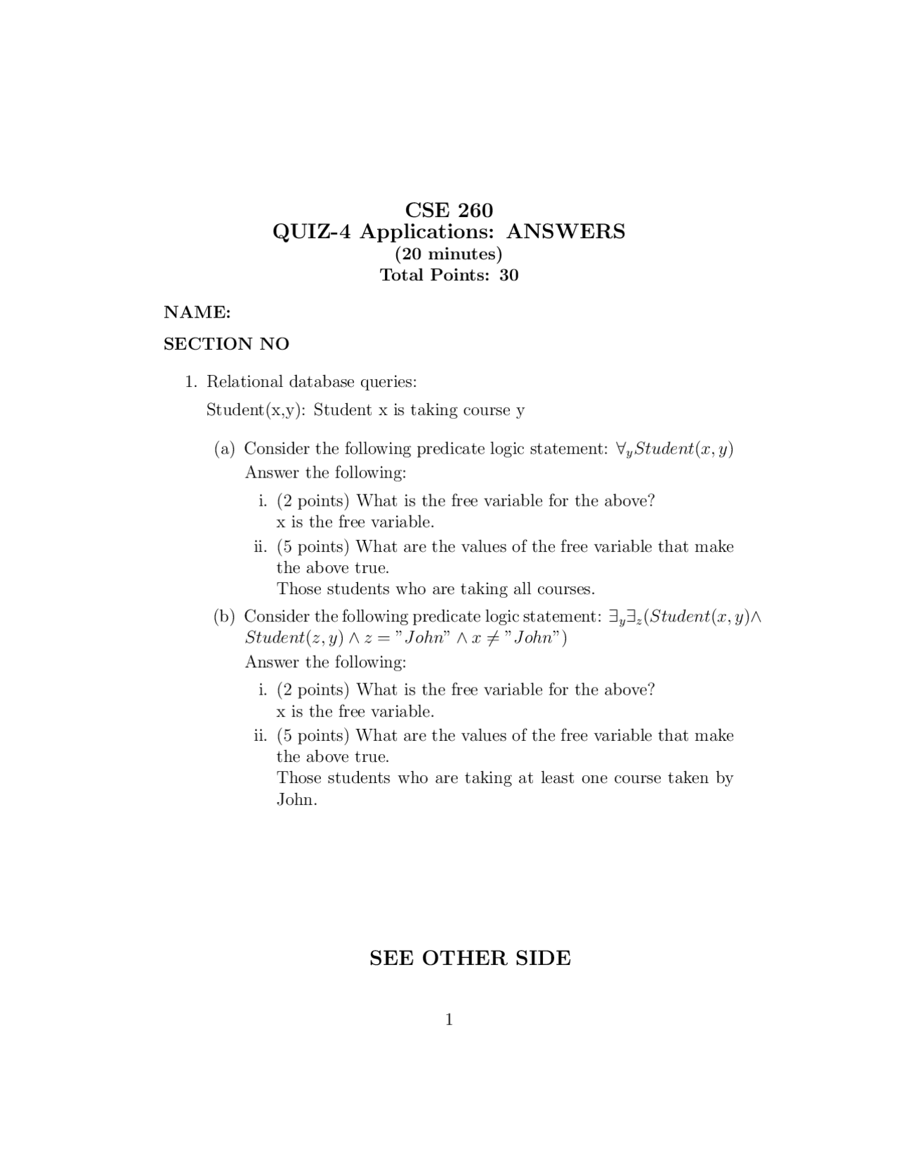 Quiz 4 With Answers Discrete Structures Computer Science Cse 260