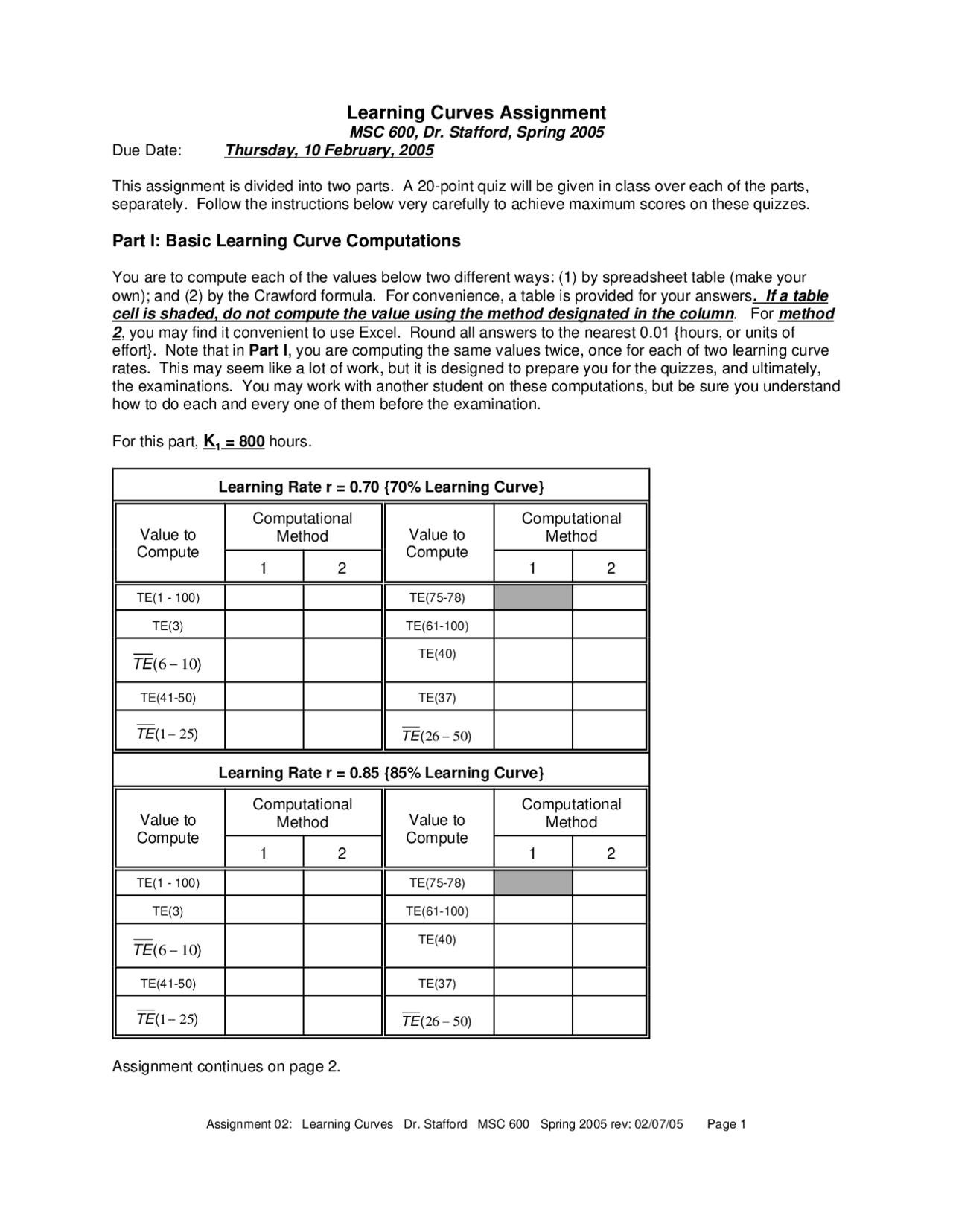 Assignment 2 Operations Analysis Fall 2005 Msc 600 Docsity