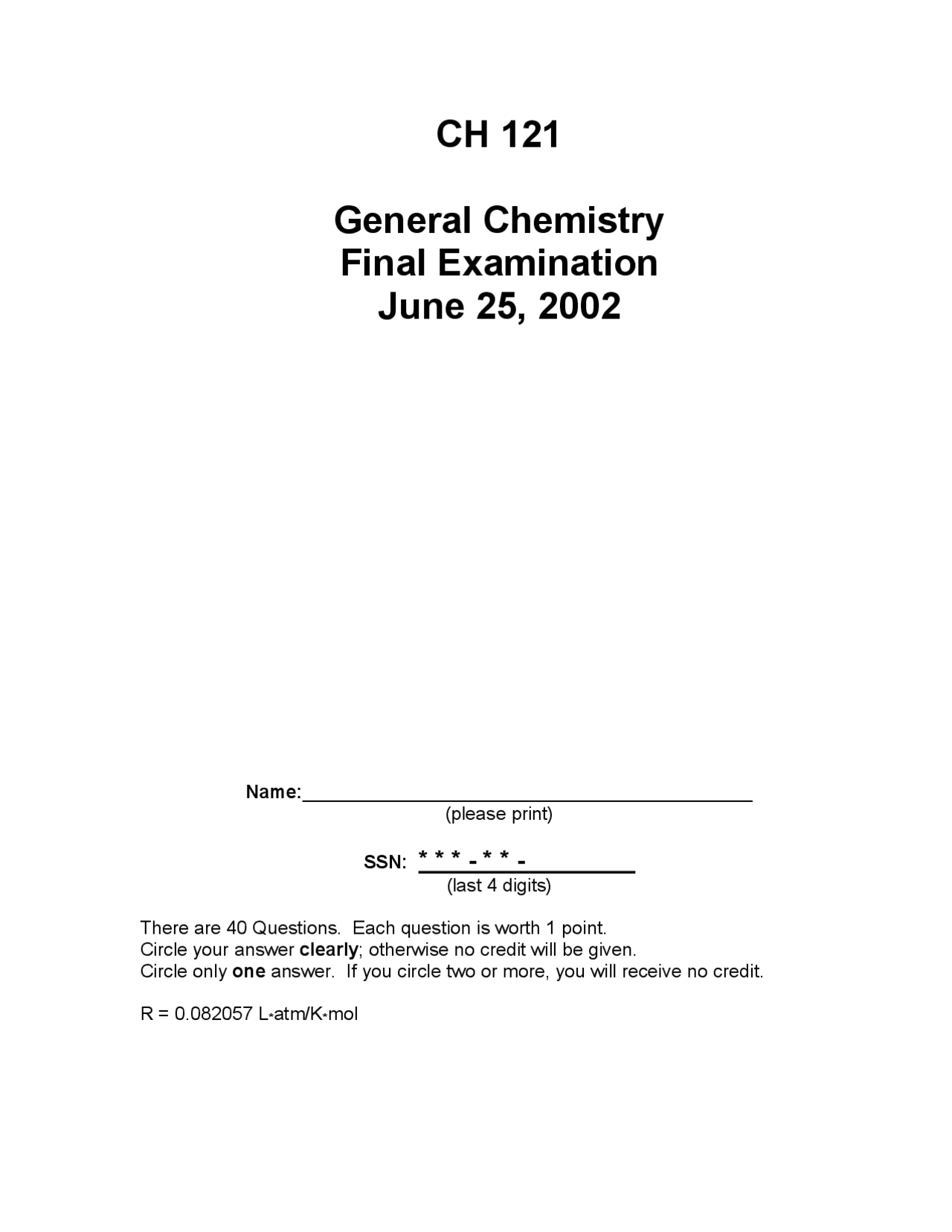 General Chemistry I - Final Examination | CH 121 - Docsity
