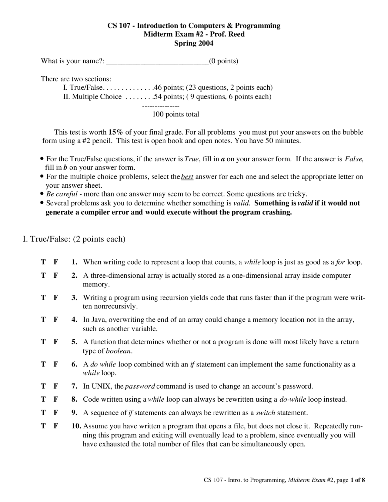 Midterm Exam 2 Introduction To Computing And Programming Cs 107 Docsity